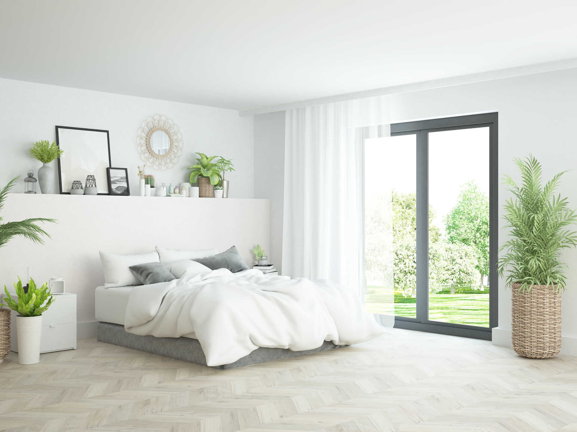 ArtStation - white modern bedroom with shelf behind bed and big terrace ...