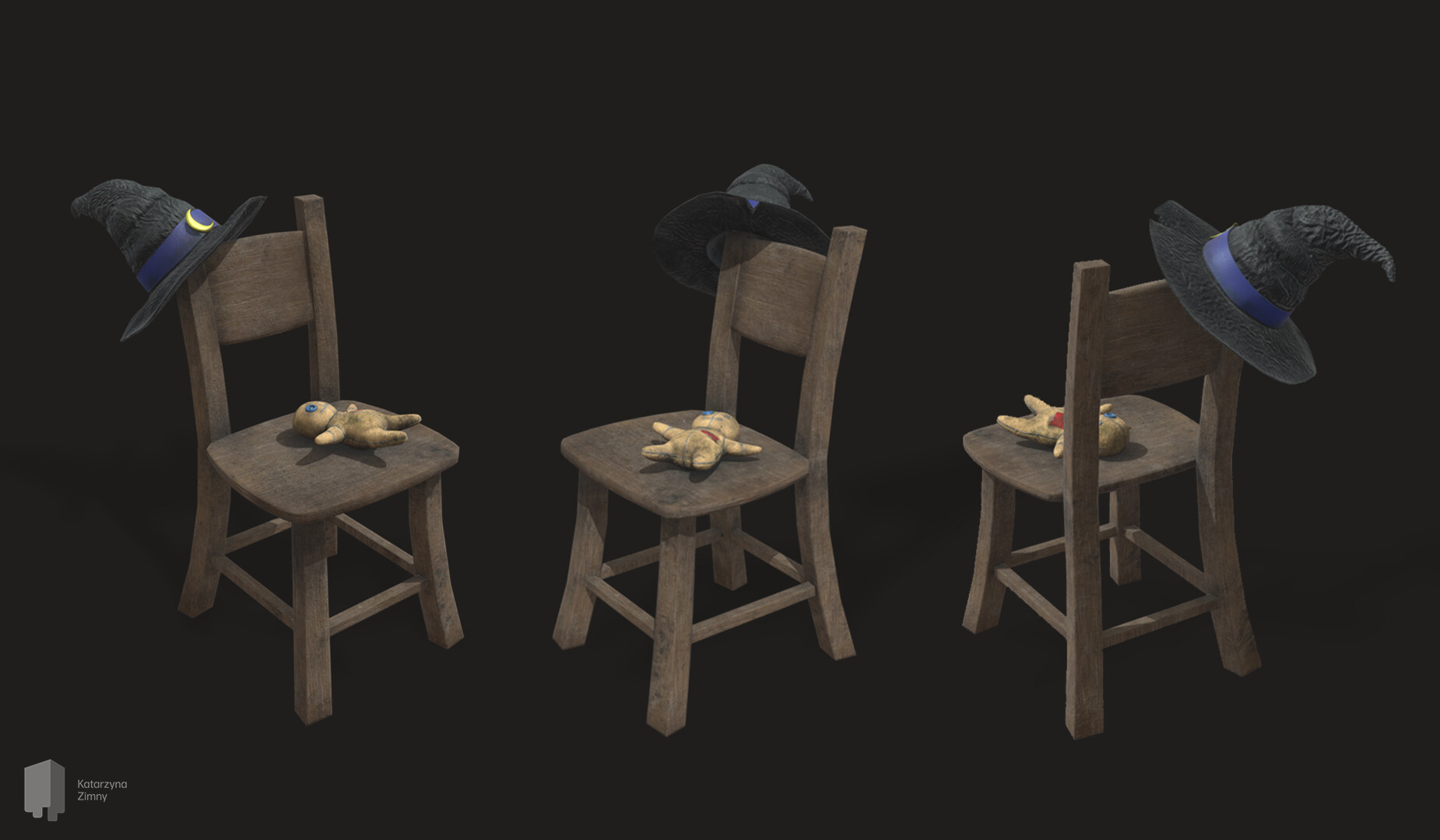 Katarzyna Zimny - Voodoo doll and witch hat on a chair