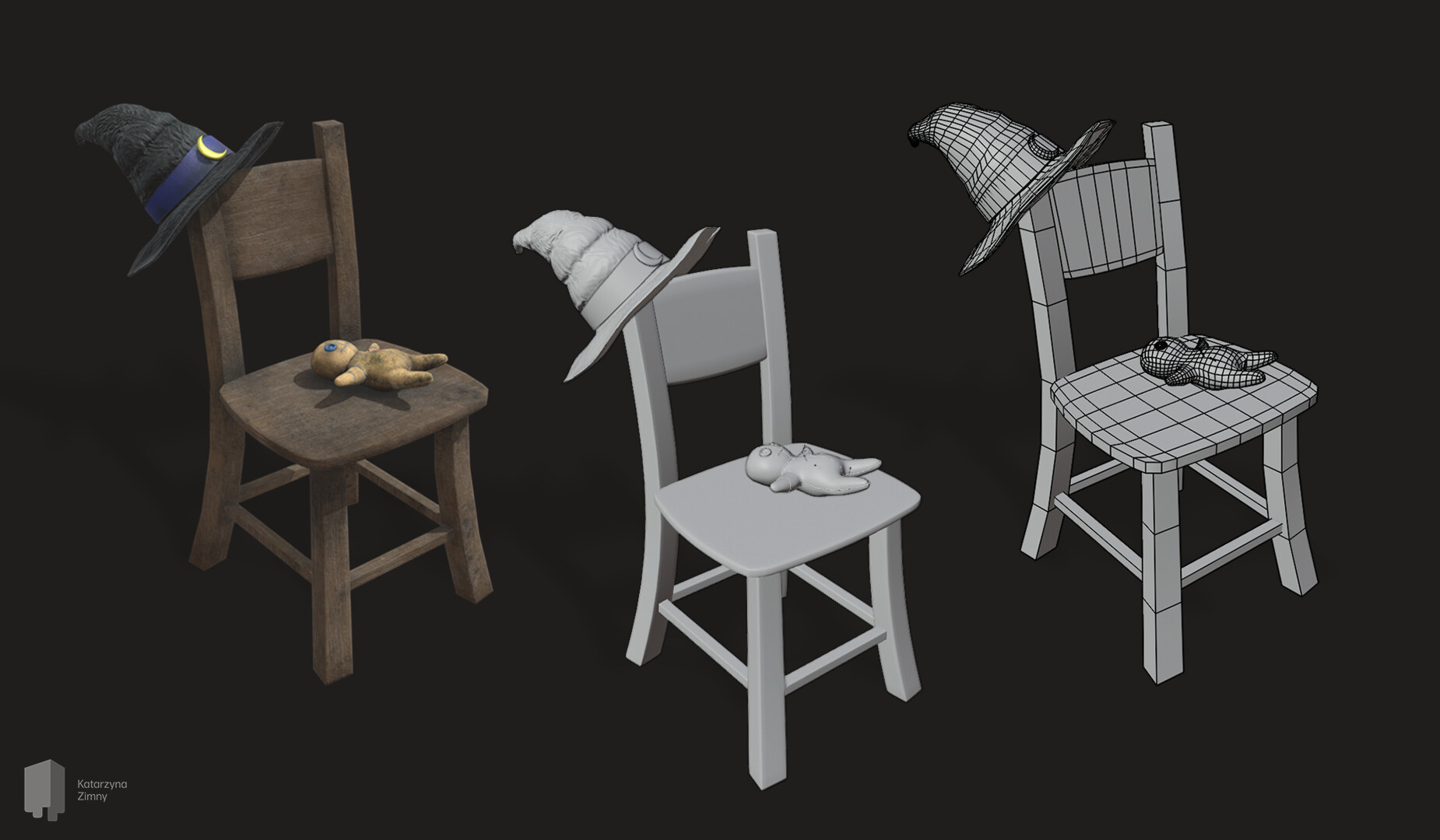 Katarzyna Zimny - Voodoo doll and witch hat on a chair