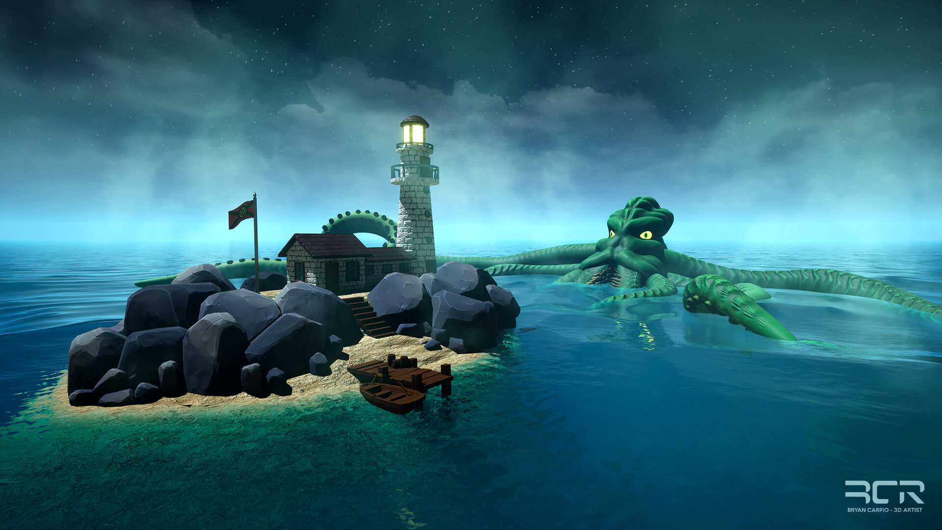 ArtStation - Kraken and Lighthouse - 3D Stylized Diorama