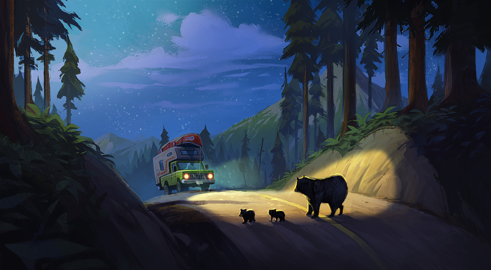 ArtStation - Forest road - Night
