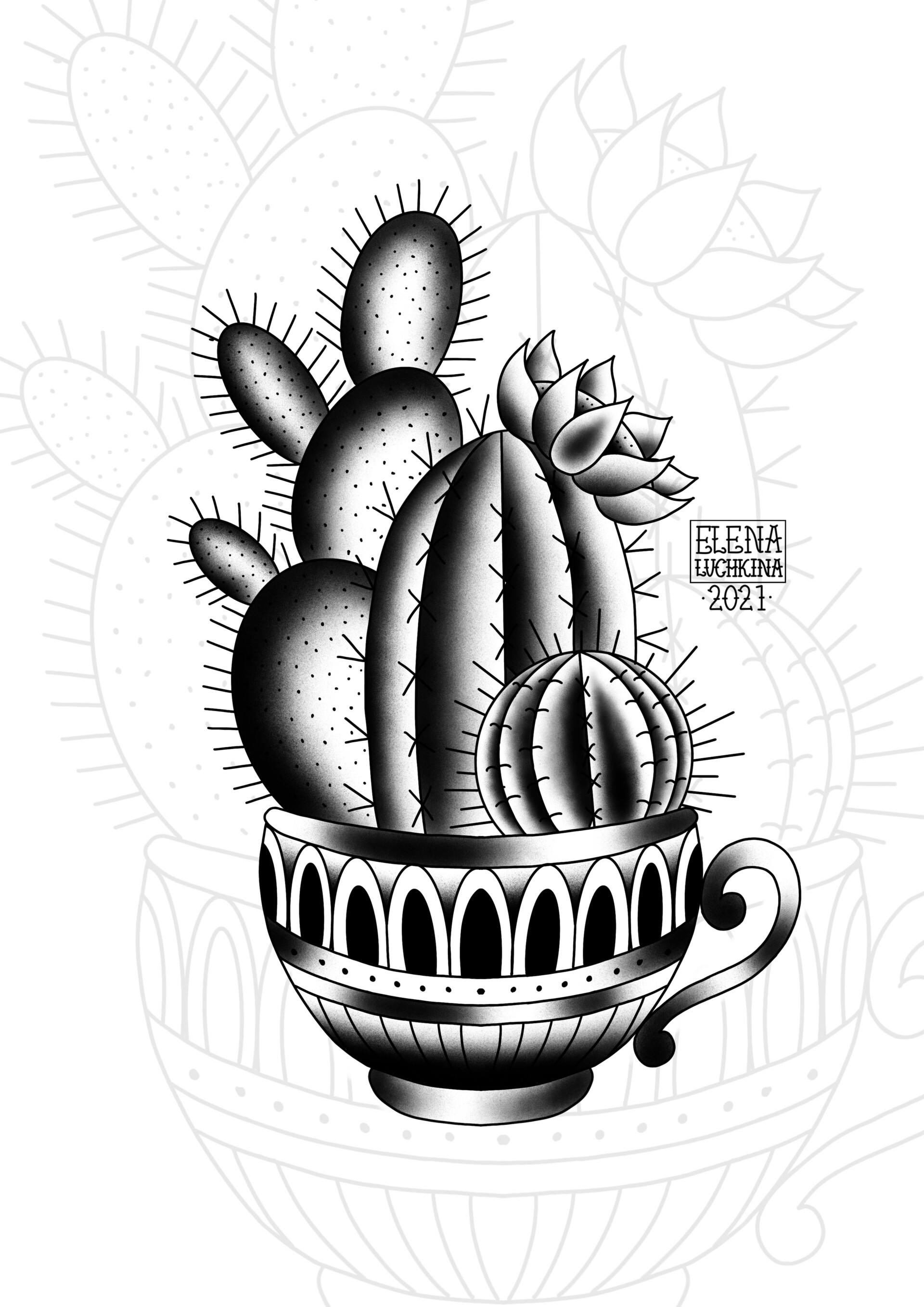 ArtStation - Old School cacti in a cup tattoo design