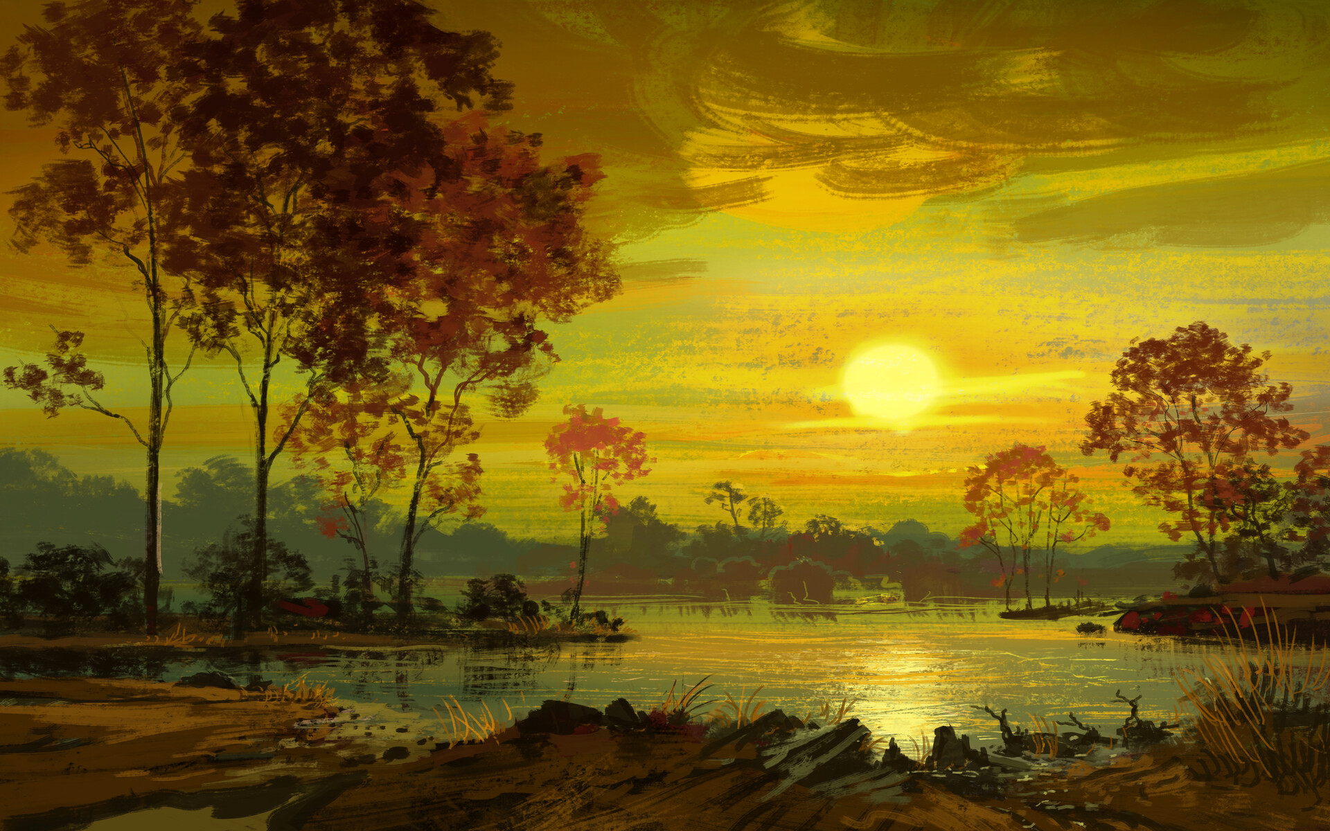 ArtStation - Sunset at the lake