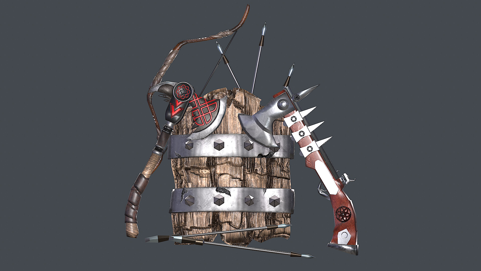 ArtStation - Fantasy weapon (axe musket, bow, arrow, shield, axe)