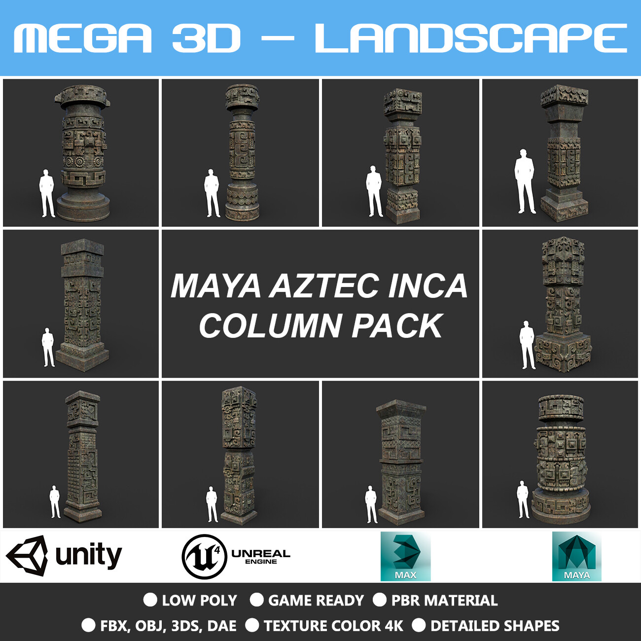 ArtStation - Low poly Mayan Inca Aztec Column Modular Pack Mossy 210616