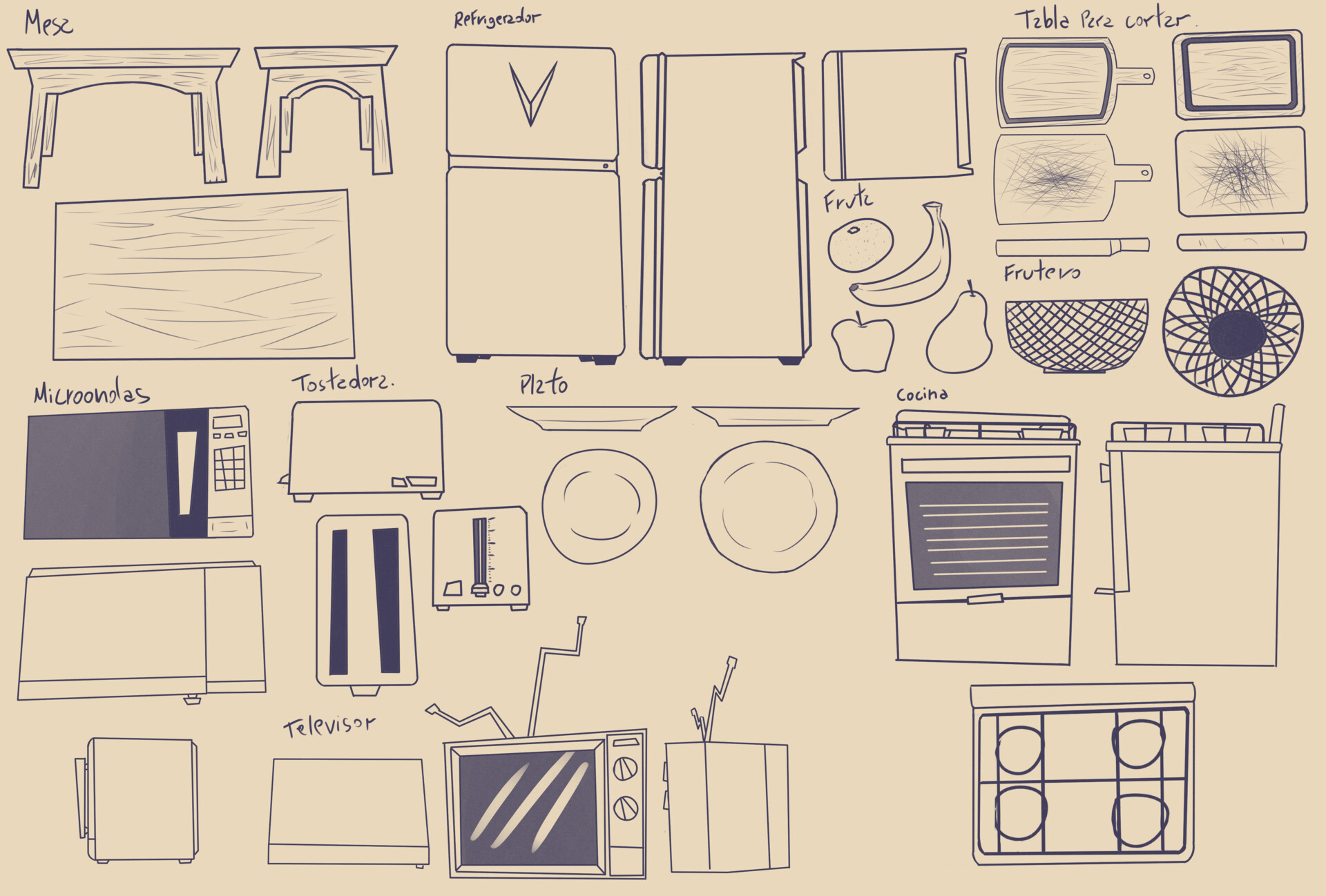 ArtStation - Old man's tale - Kitchen objects sketches