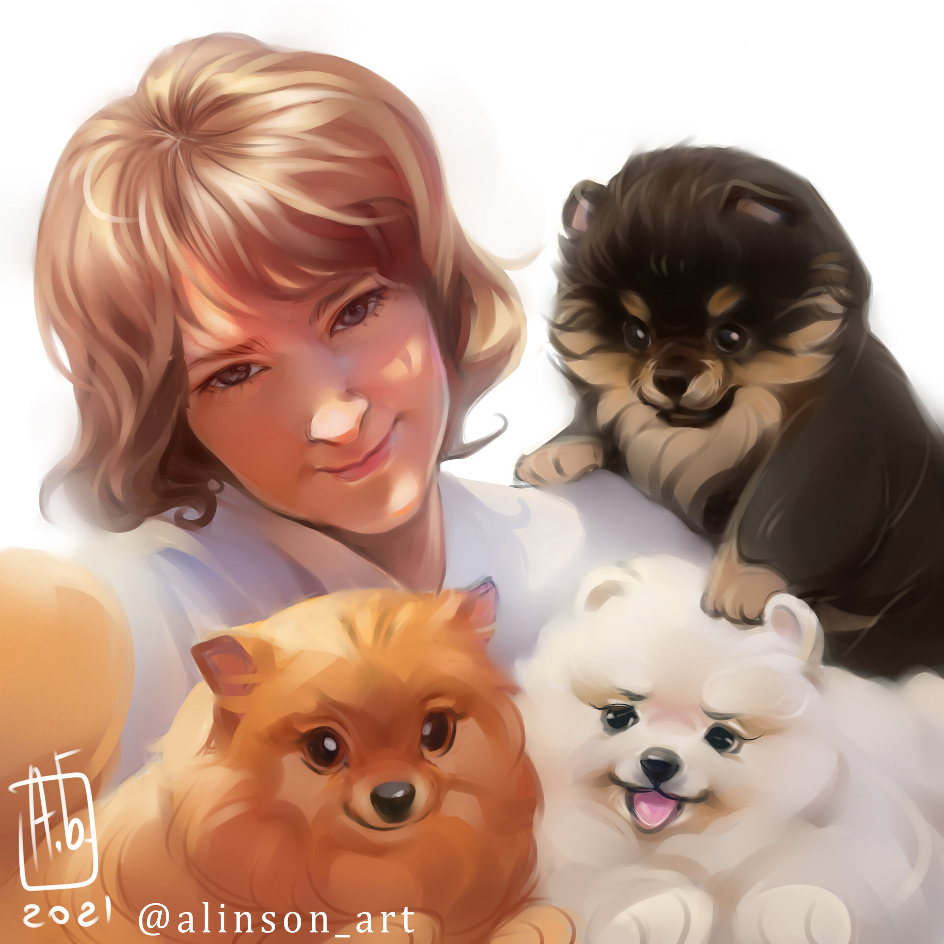 ArtStation - Cute girl with dogs