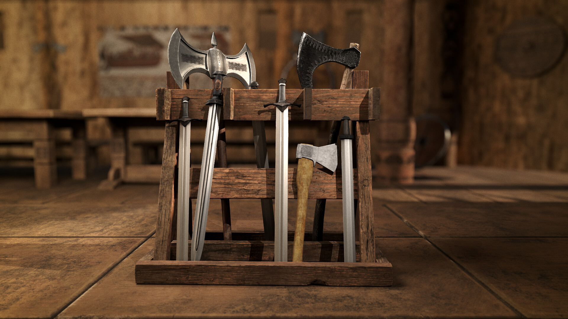 ArtStation - Weapon rack with pack of swords and axes