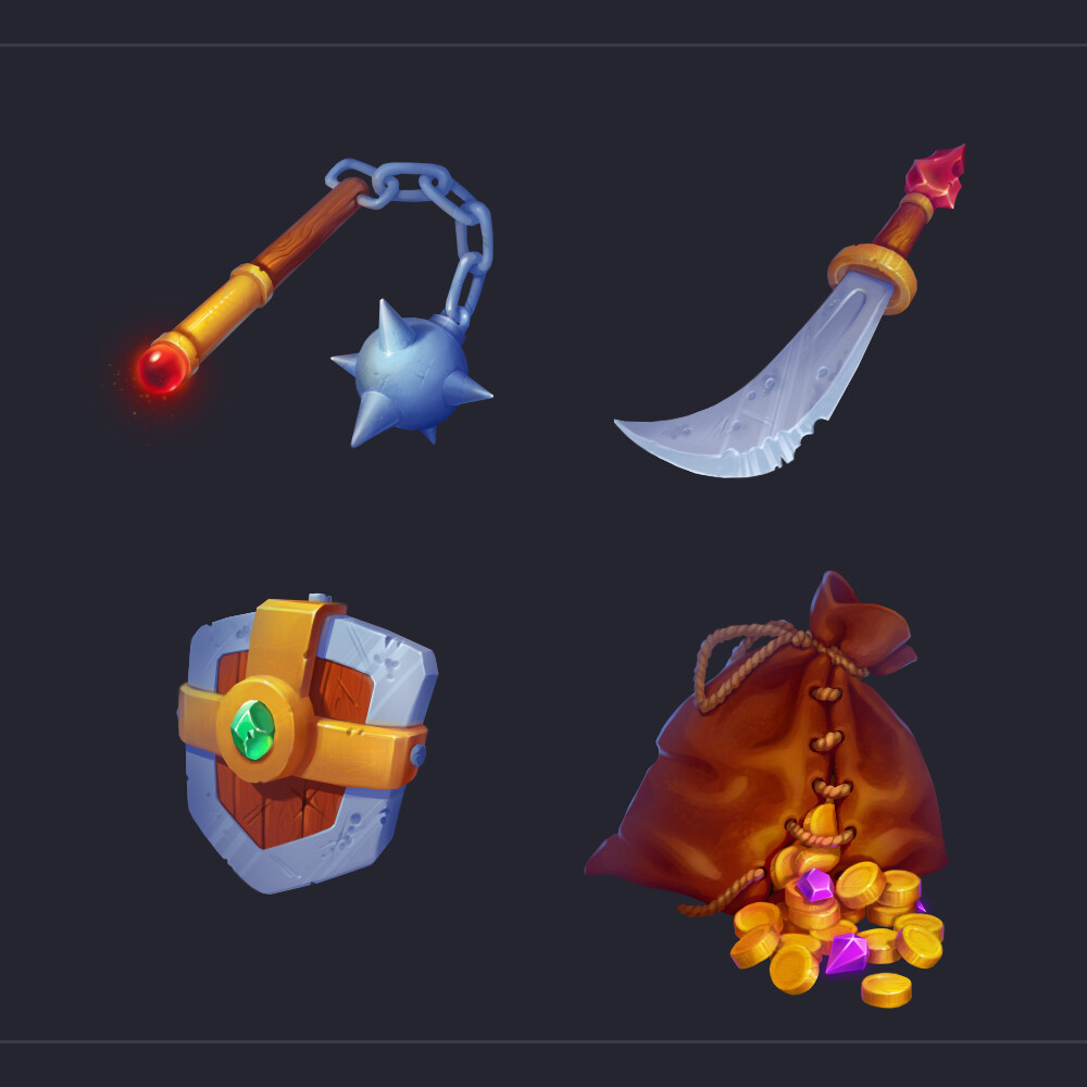 ArtStation - Medieval icons: morning star, sword, shield, money bag