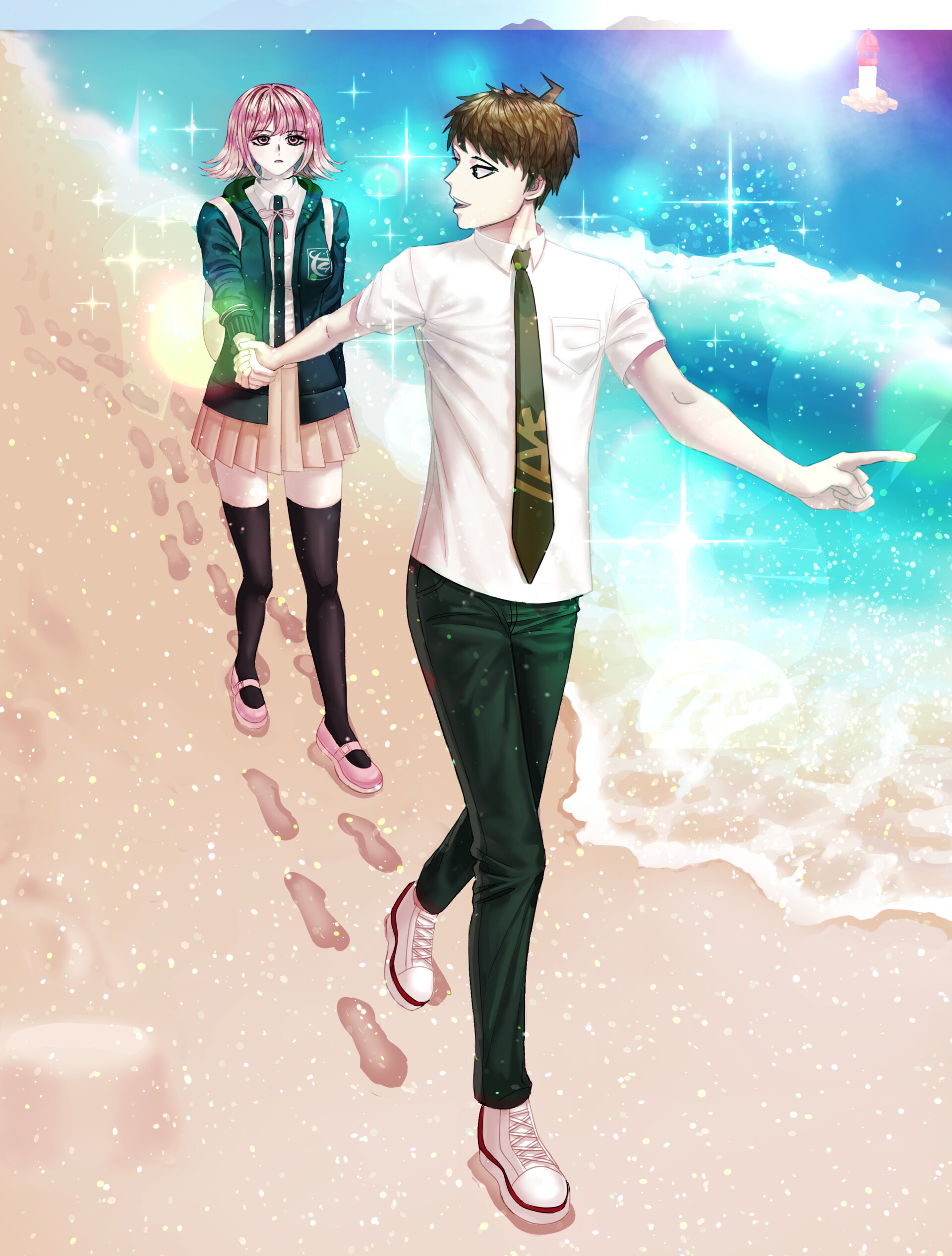 ArtStation - danganronpa hinata x nanami walking on beach
