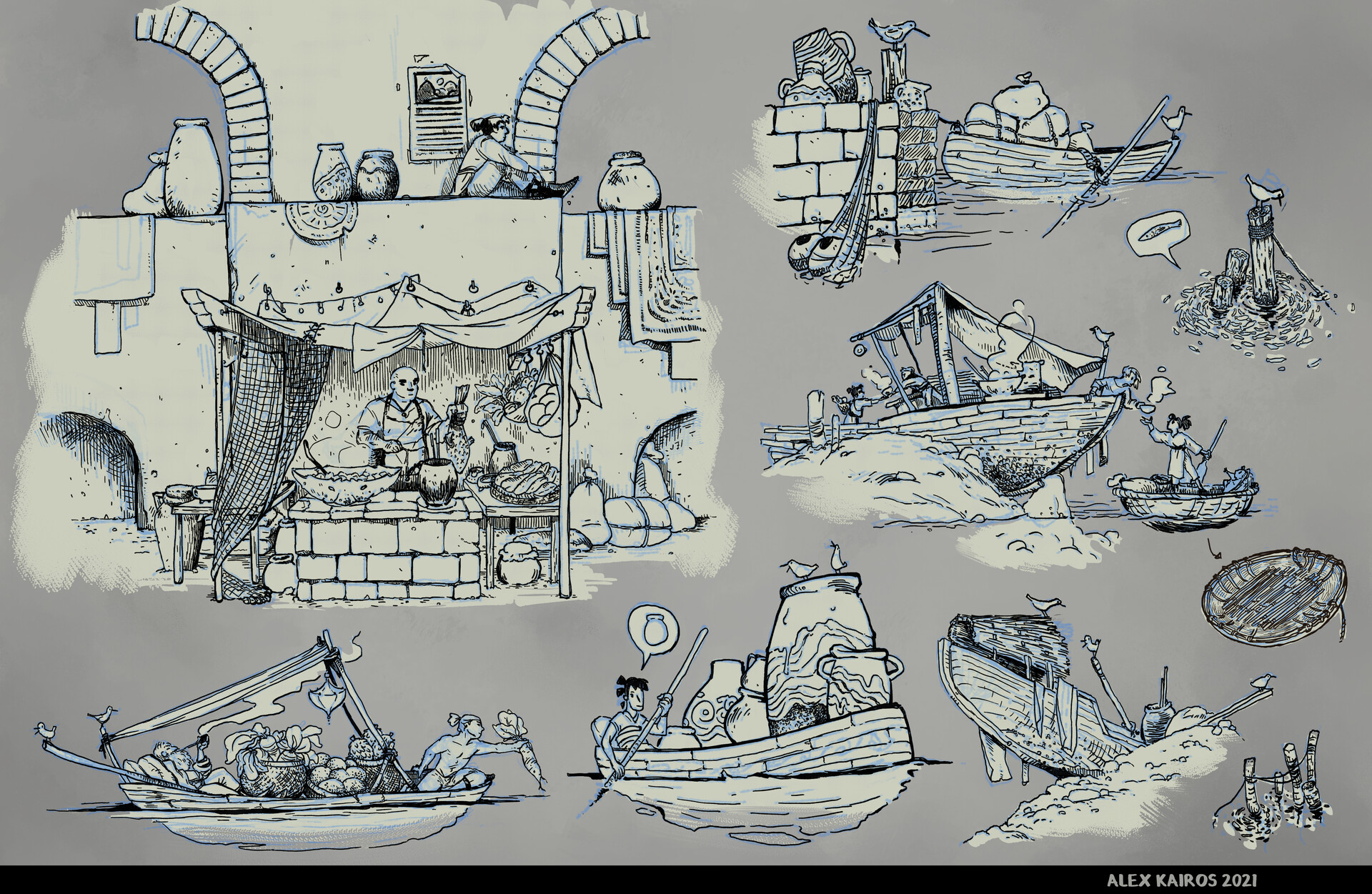 ArtStation - Floating Market - Sketches