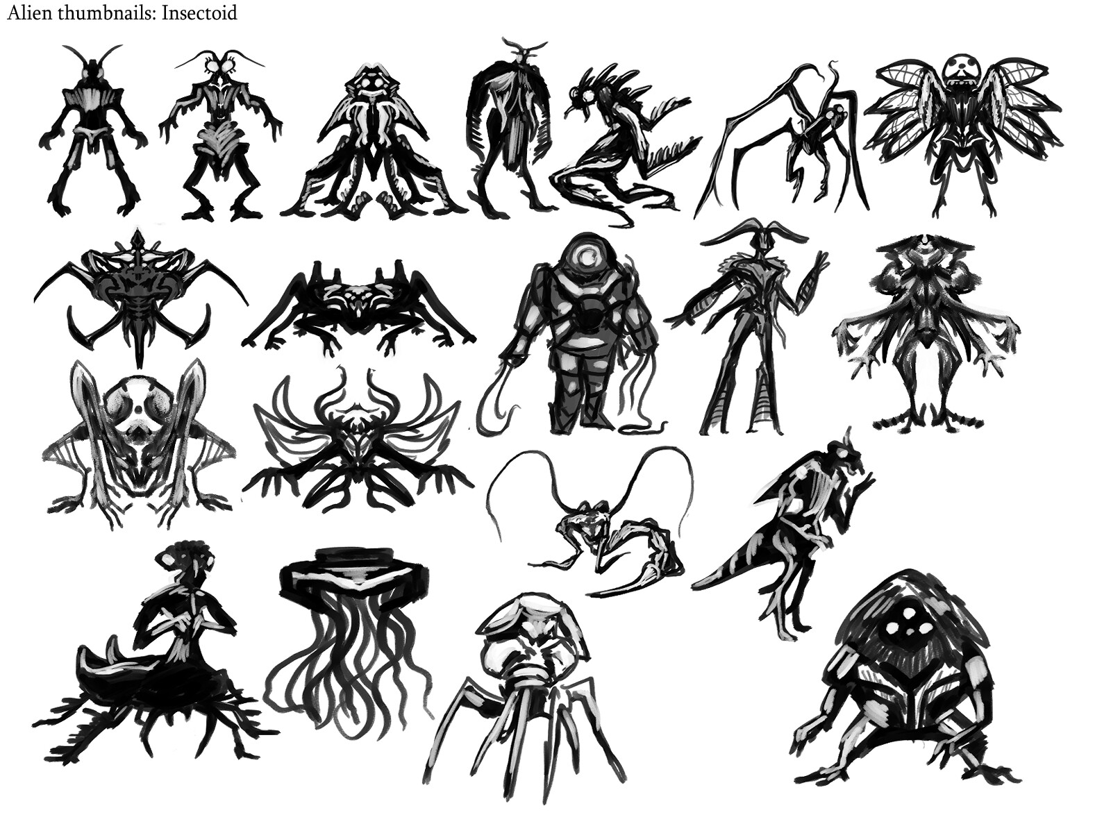 Bethany Key - Alien character design brief: Thumbnail silhouettes.