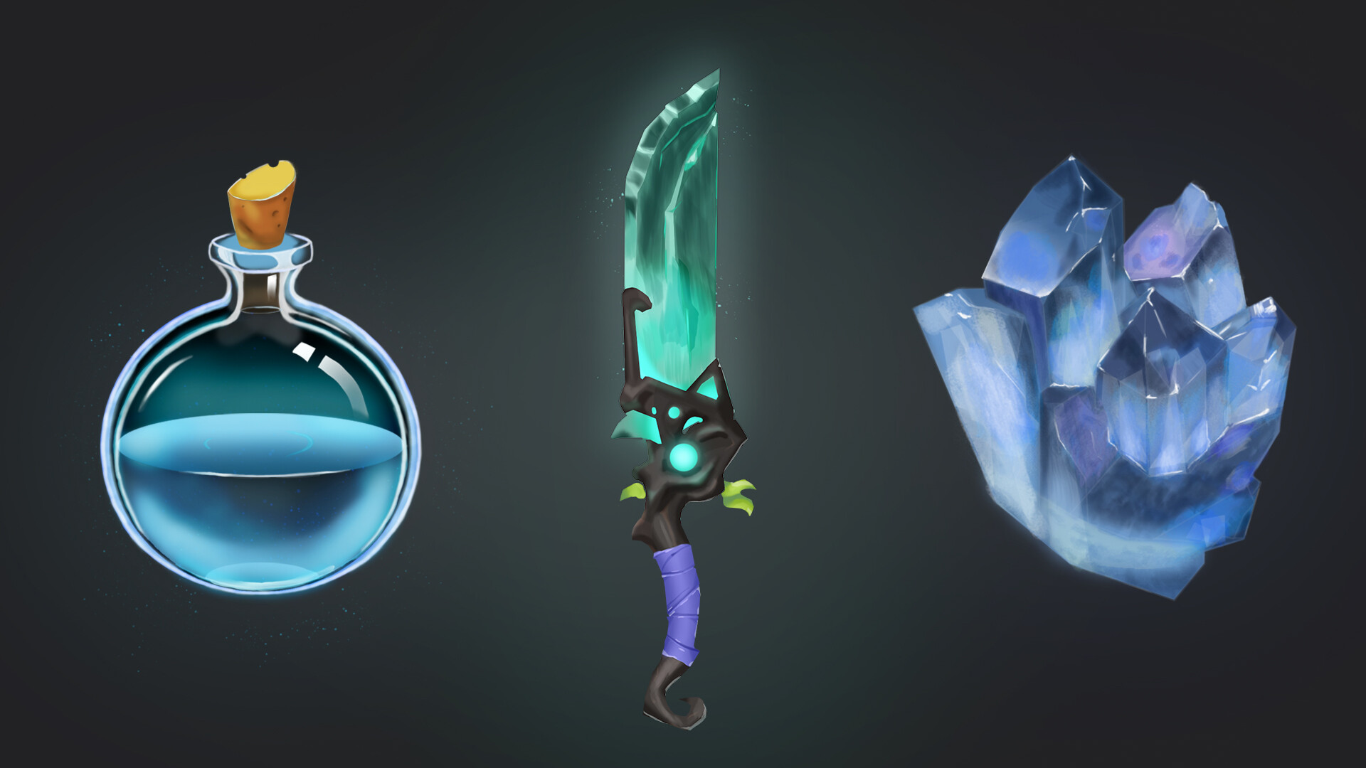 ArtStation - Game Elements: potion bottle, weapon and crystal