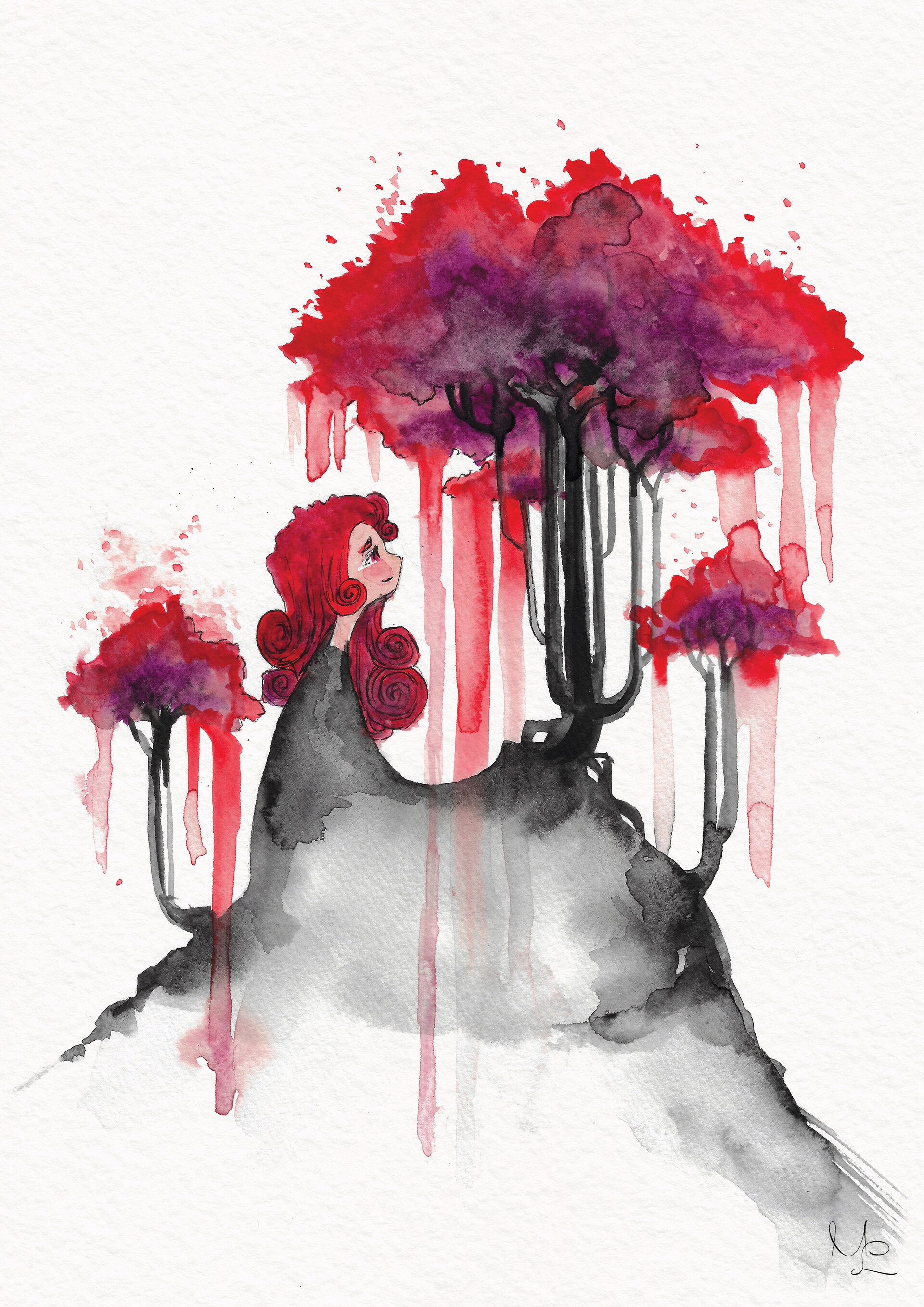 ArtStation - Watercolor Illustration - Red Trees