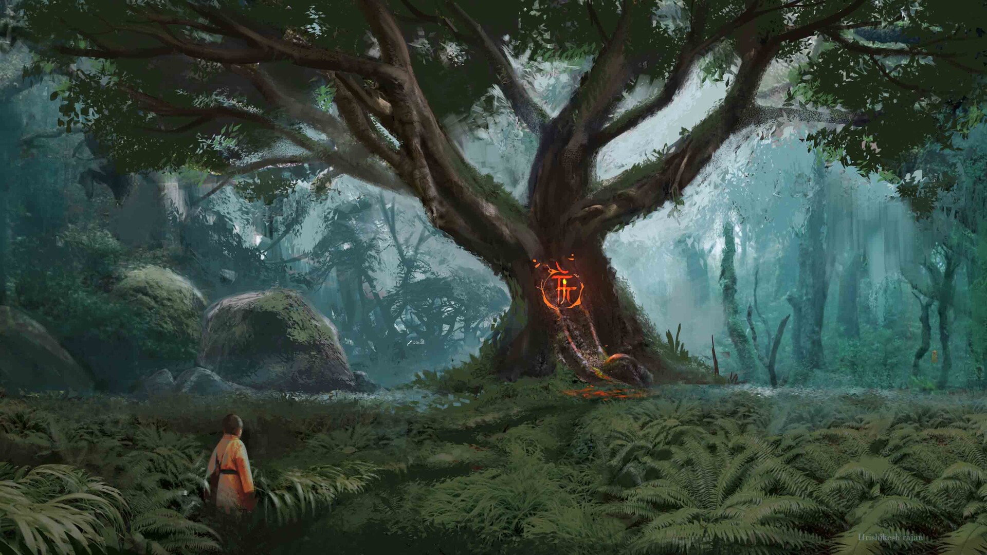 ArtStation - kid monk seeking blessings from sacred tree