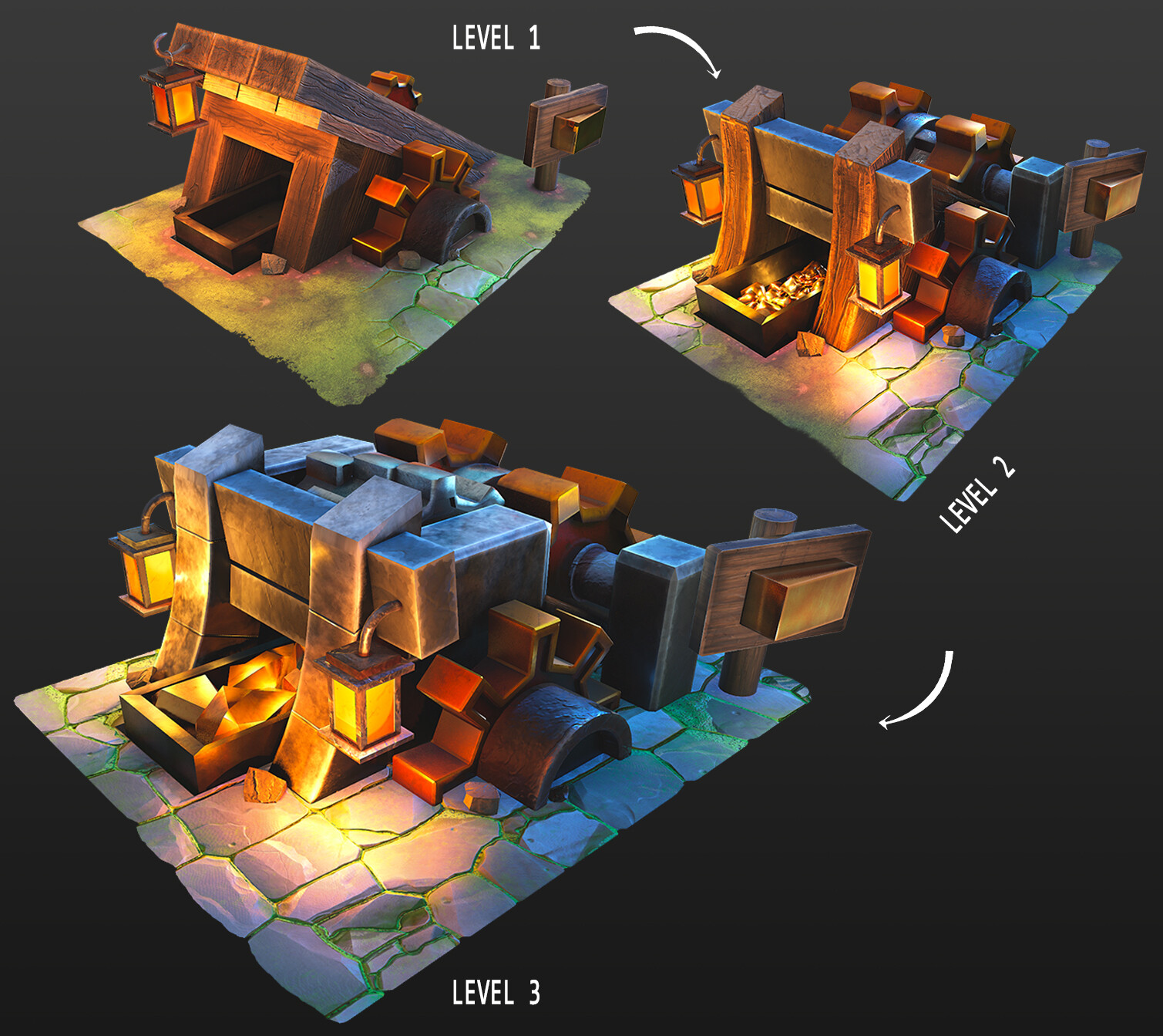 ArtStation - Stylized Gold mine upgrade levels
