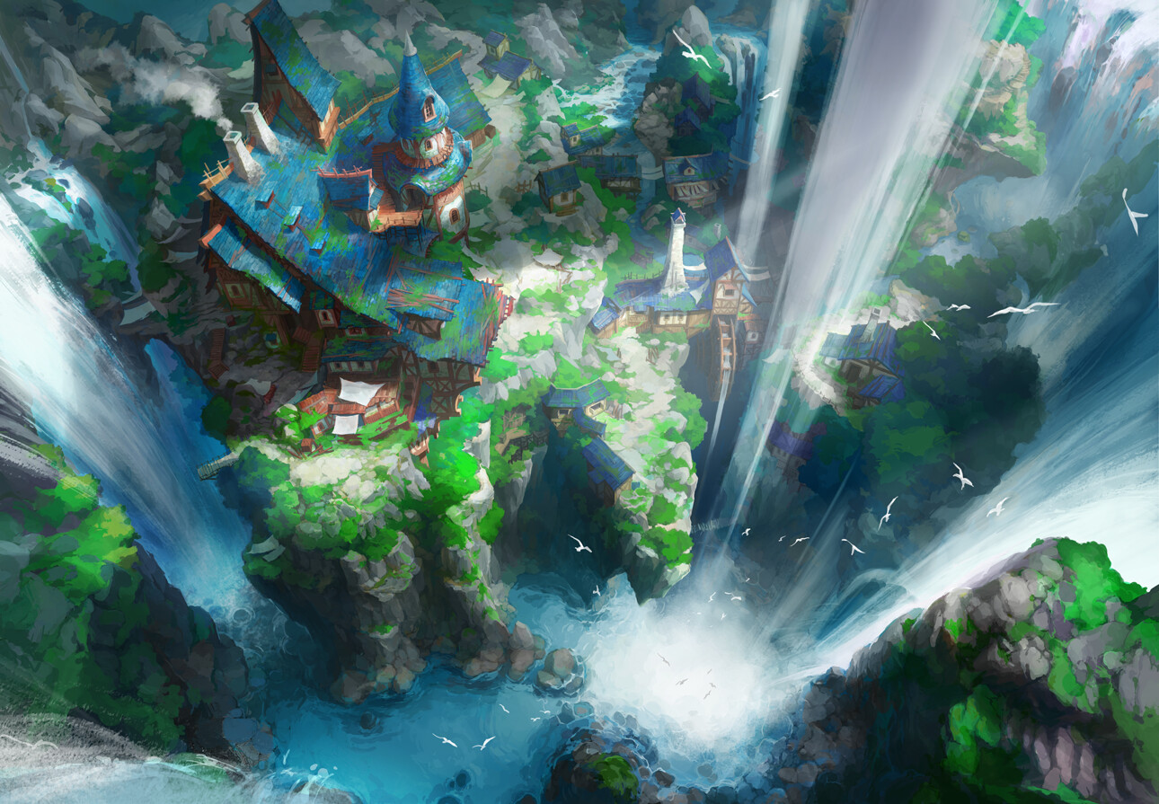 ArtStation - waterfall village
