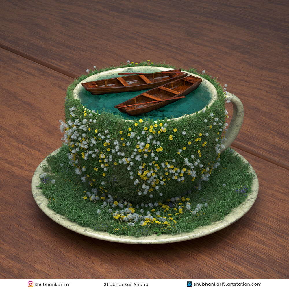 ArtStation - A creative 3d Cup design with some grass and boats