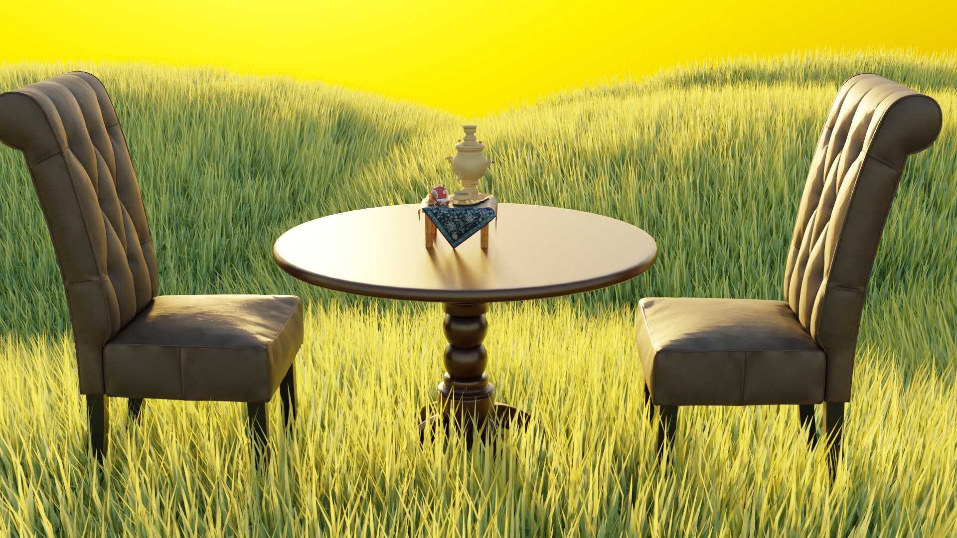 ArtStation - blender grass field dining table setup.