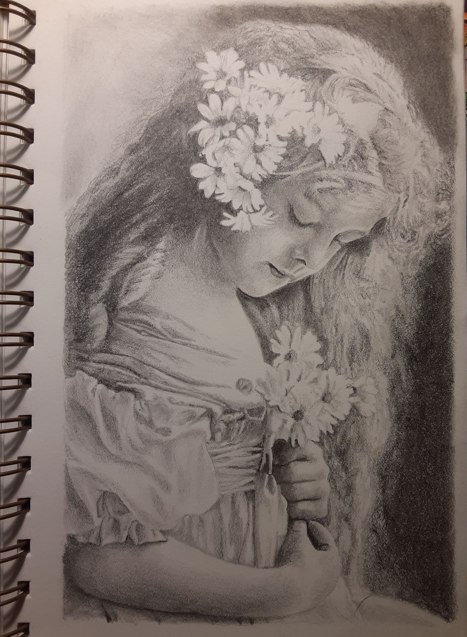 ArtStation - Graphite drawing of a girl with flowers