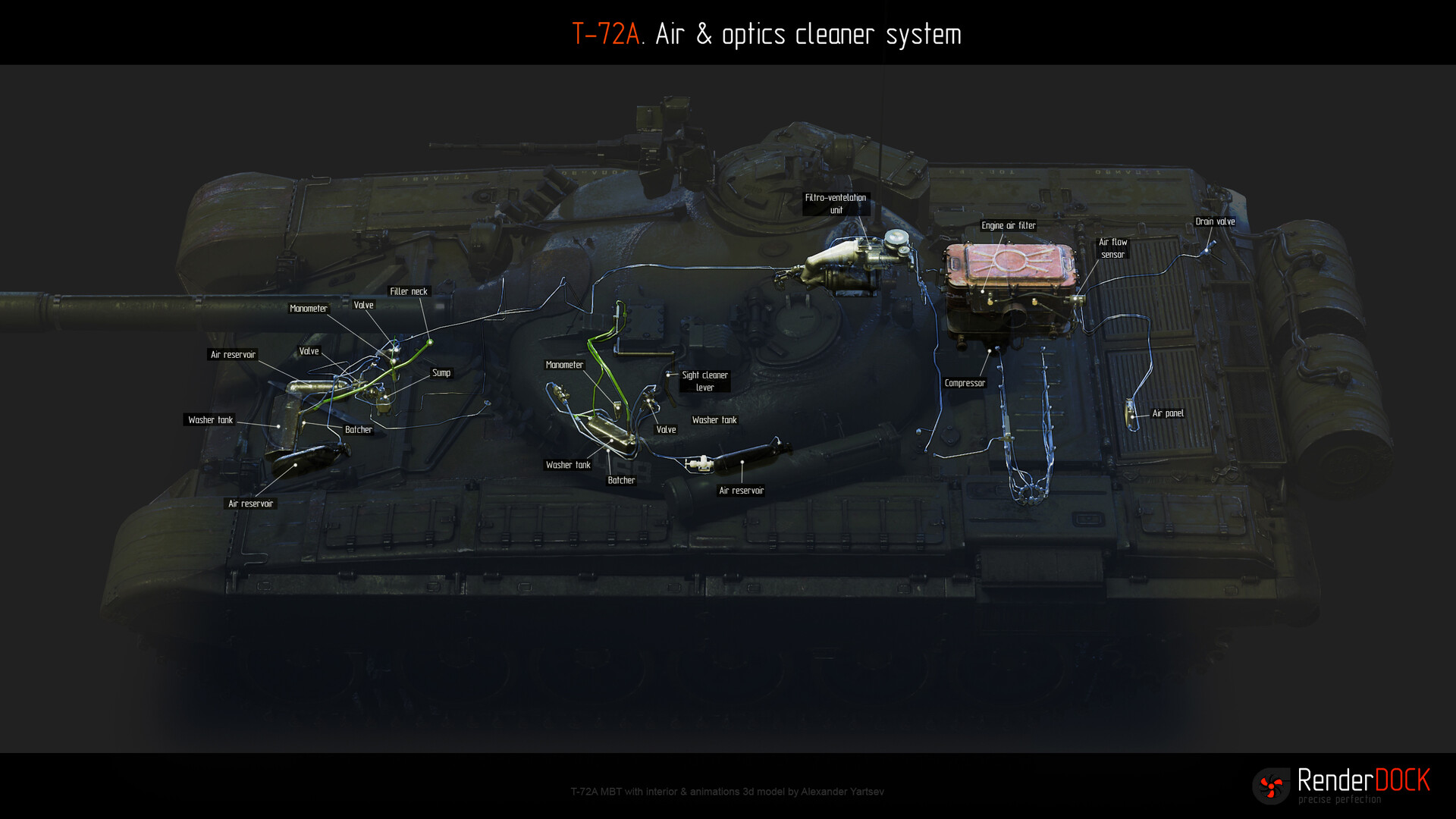 RenderDock - Full interior T-72A main battle tank. Low poly