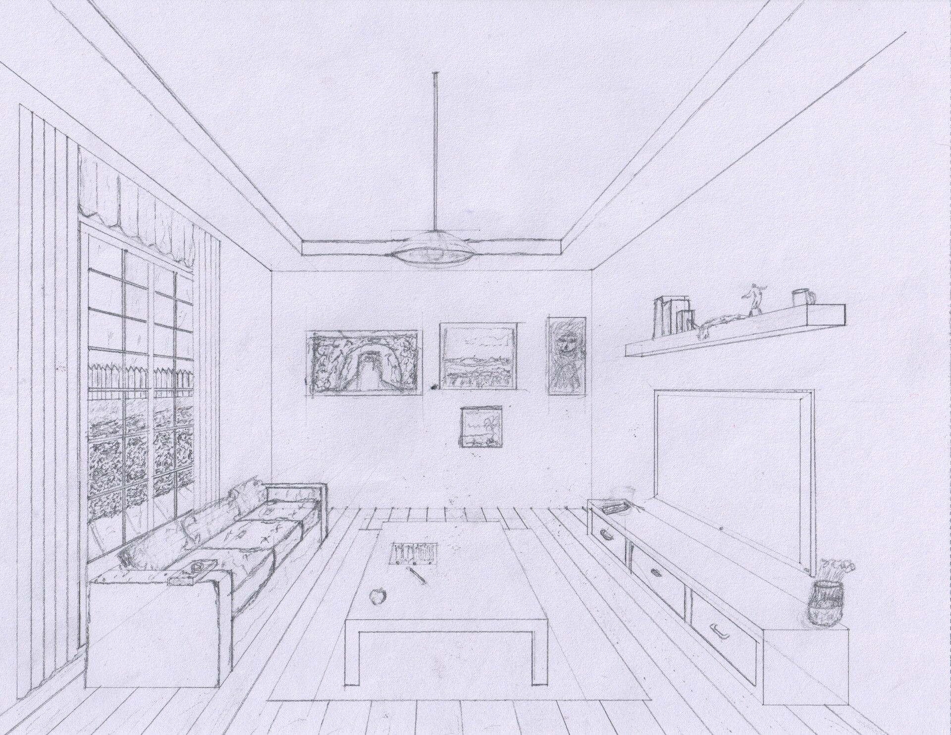 how to draw 1 point perspective living room