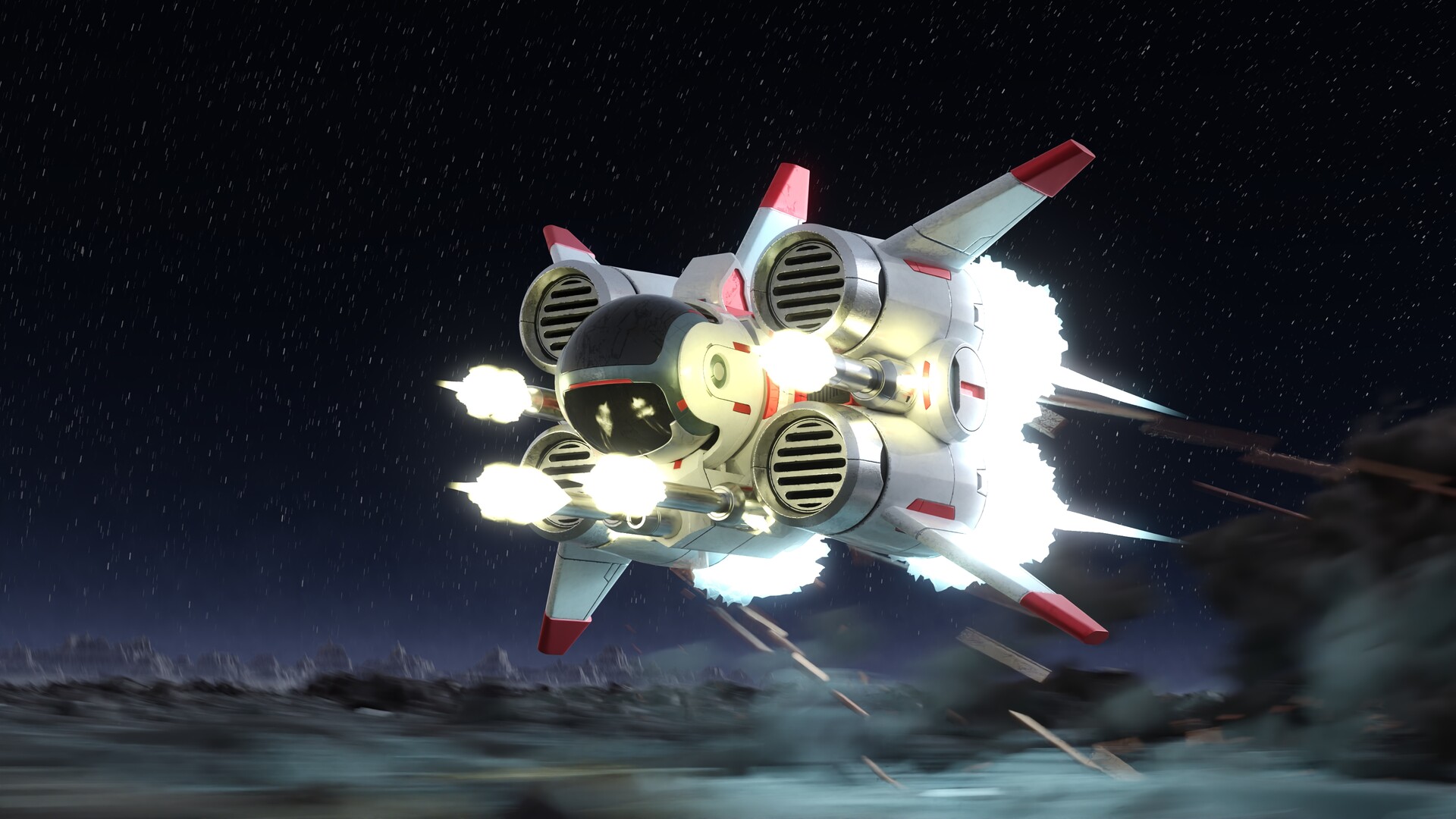 ArtStation - Spaceship shooting and flying over the moon