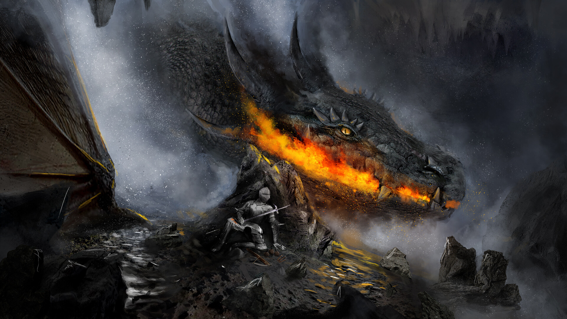 ArtStation - Dragon vs guy in cave.