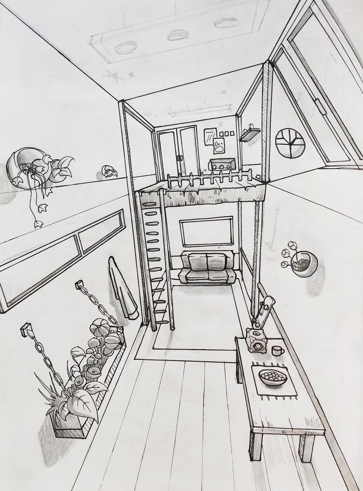 how to draw a room in 3 point perspective