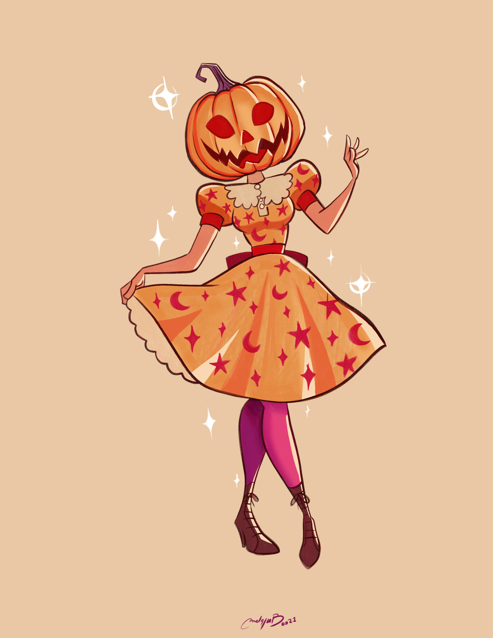 how to draw cute pumpkin head
