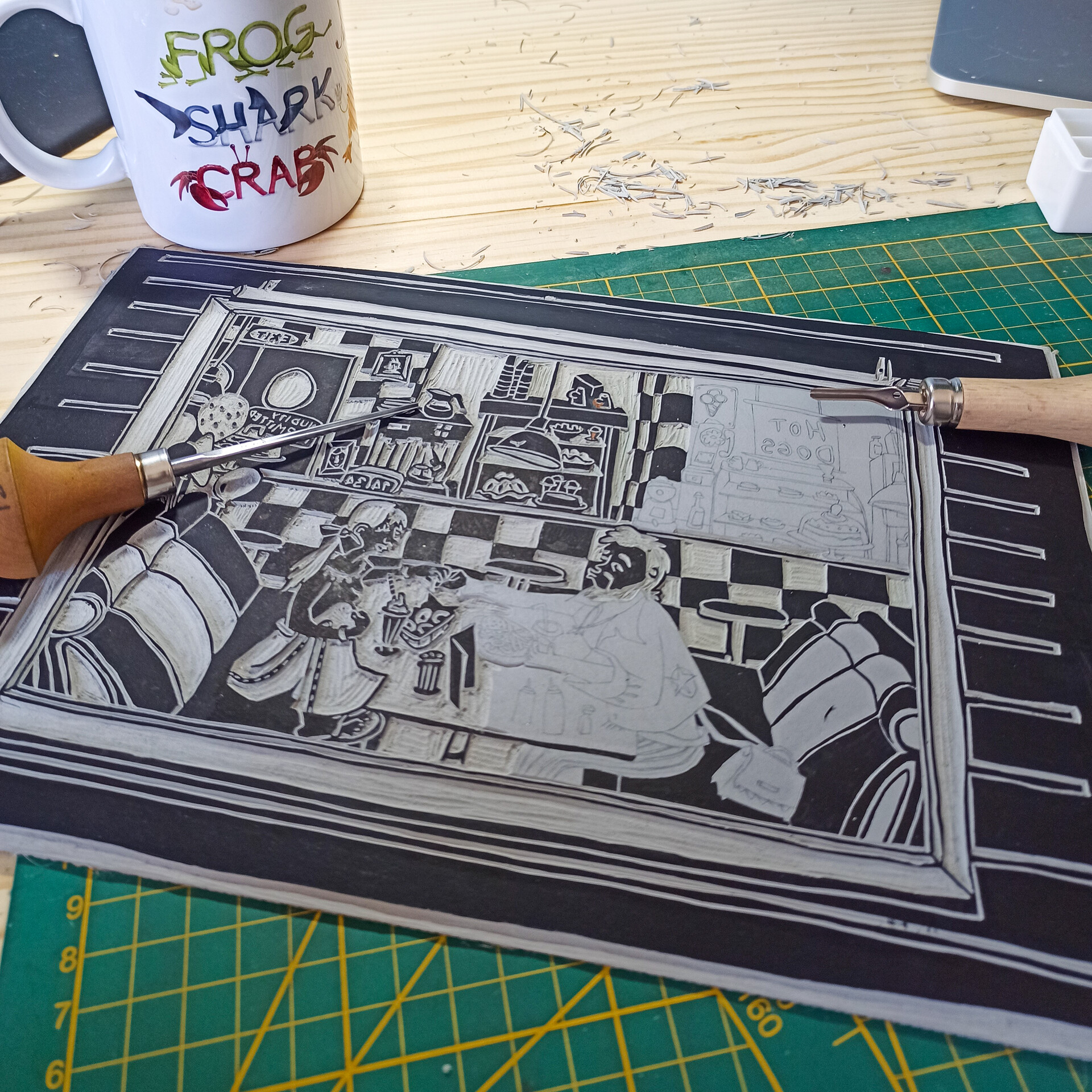 Marie De Langhe - Linogravure "American dinner"