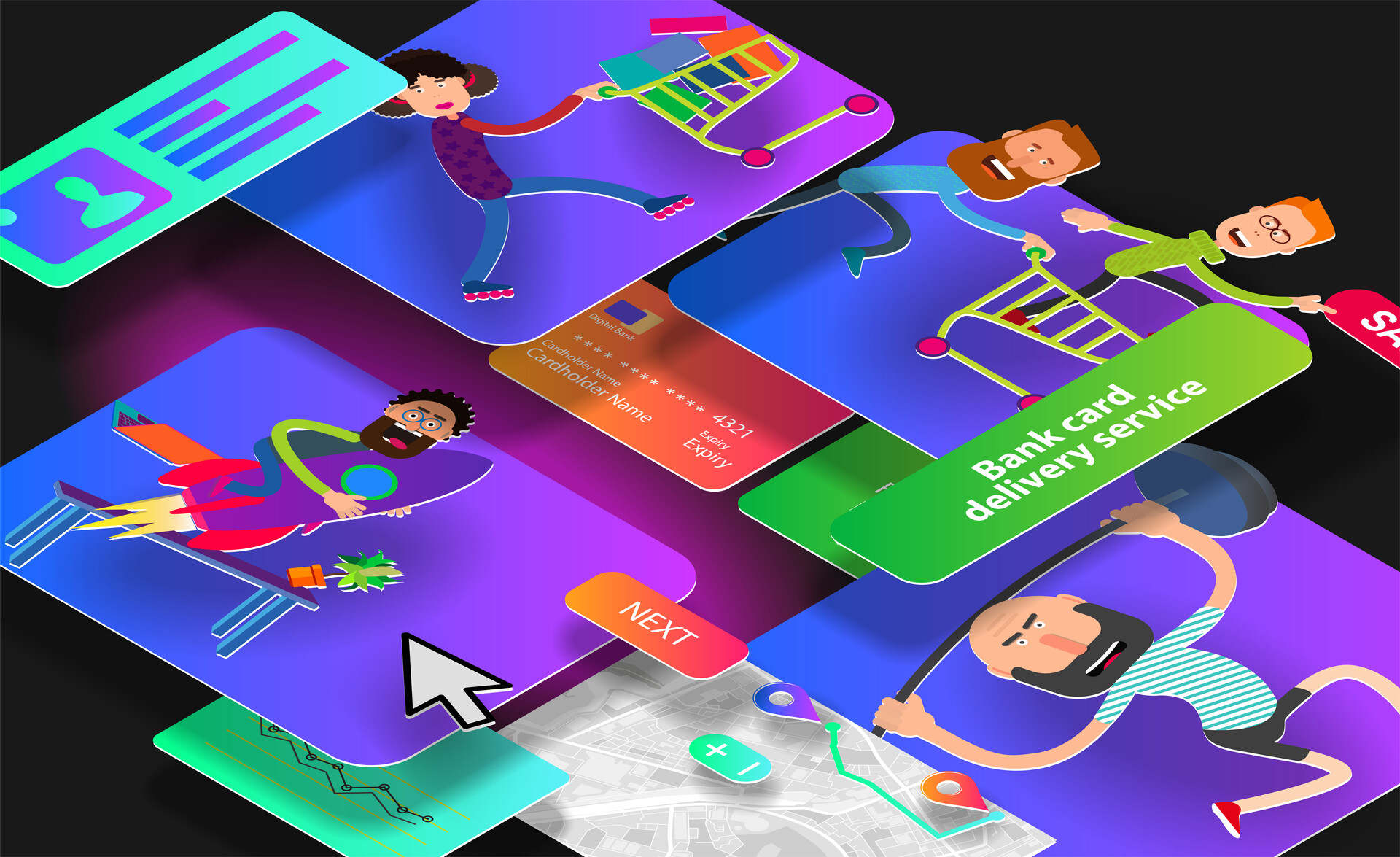 ArtStation - Cartoon characters on web interface icons in isometry