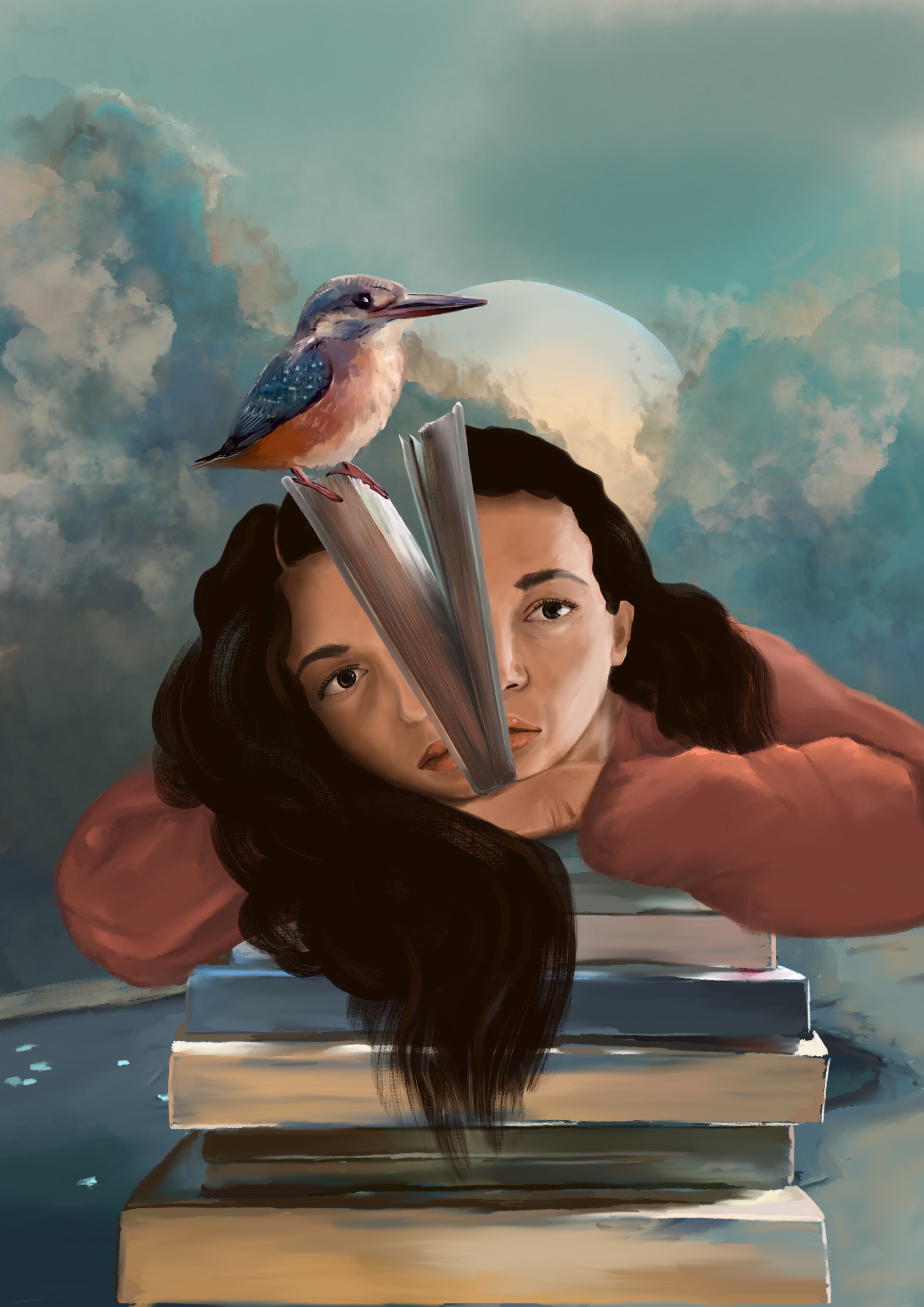 ArtStation - Self-portrait with books and a kingfisher"