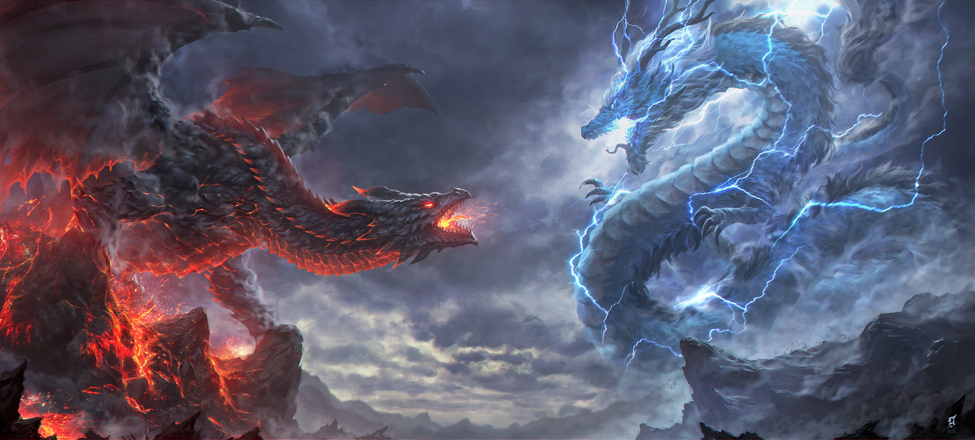 Fire And Ice Dragons Fighting Wallpaper