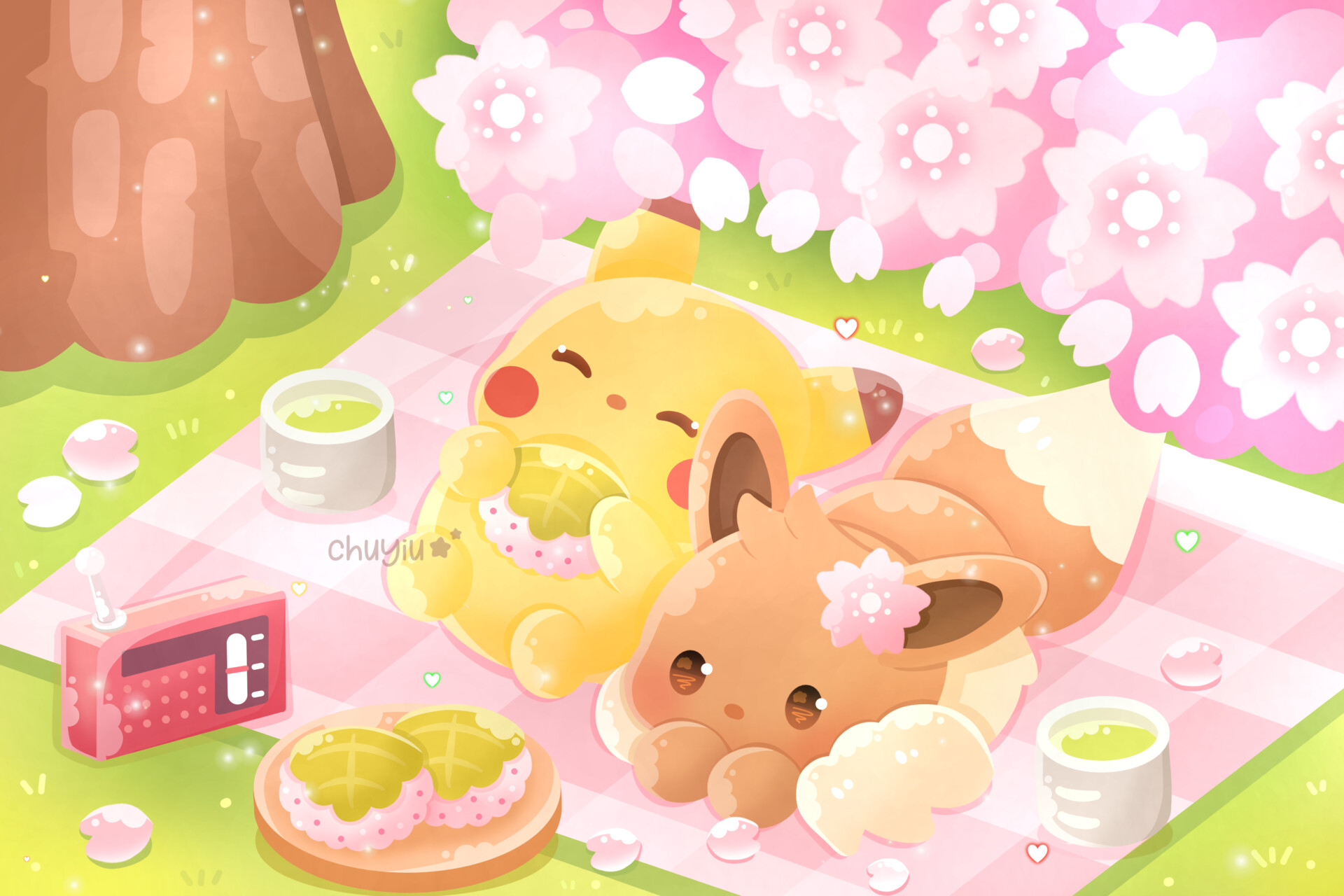 ArtStation - Pikachu and Eevee Sakura Picnic