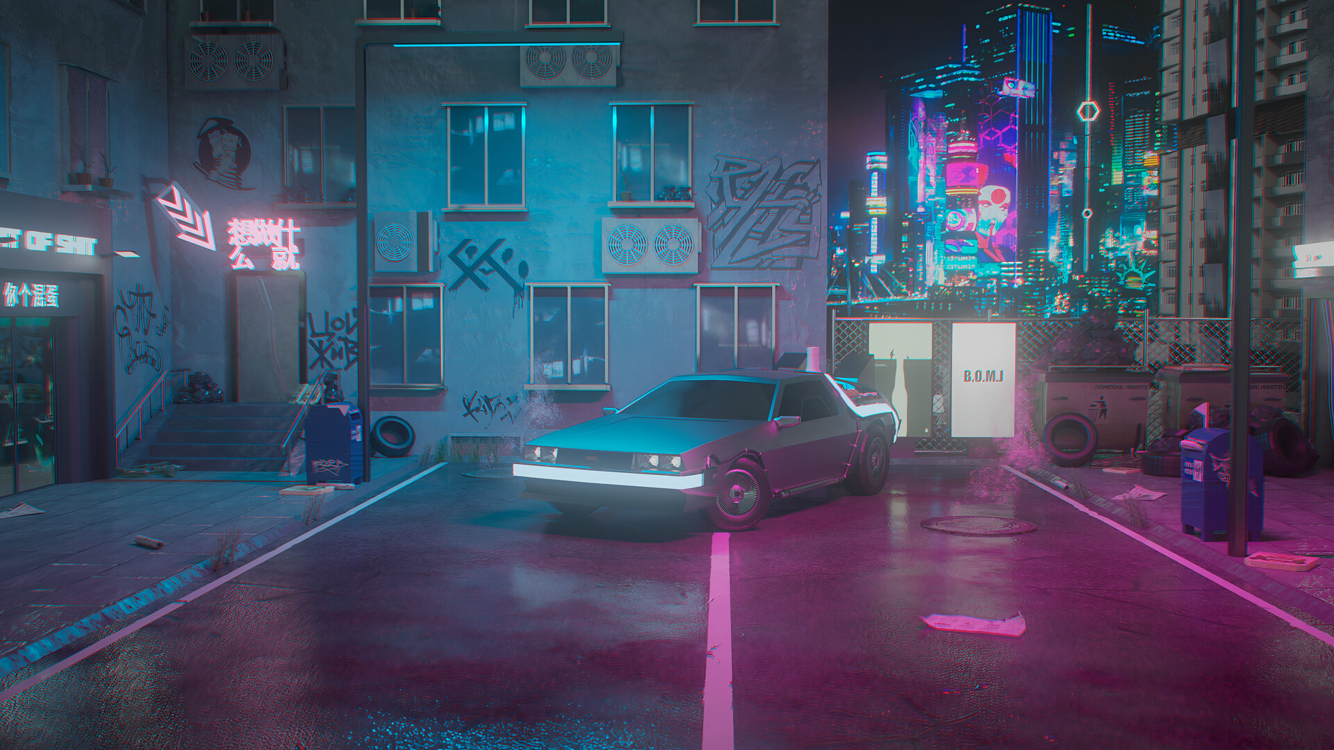 ArtStation - DMC Delorian in Cyberpunk environment