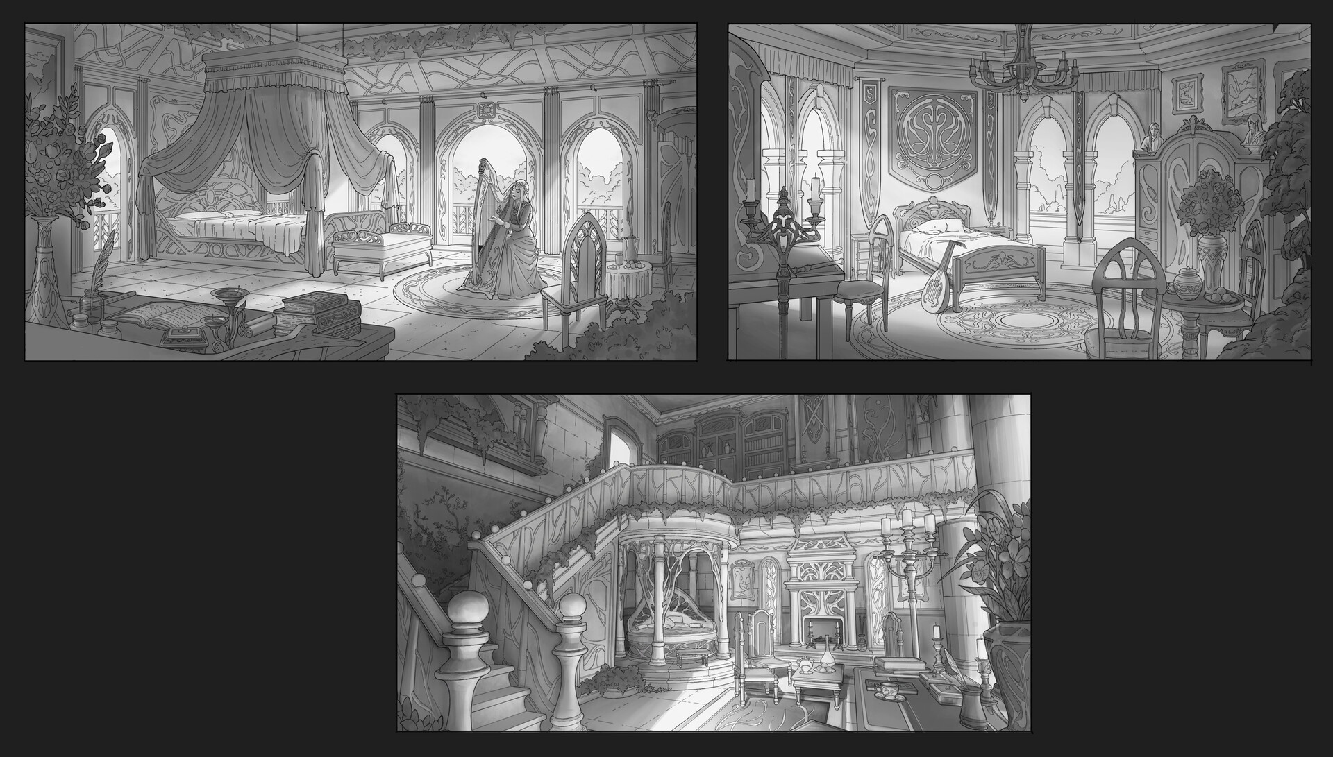 ArtStation - Elven Bedroom Grayscale