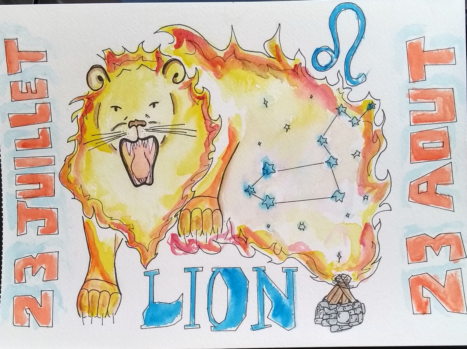 Clairinette - Dessin aquarelle signe astrologique lion