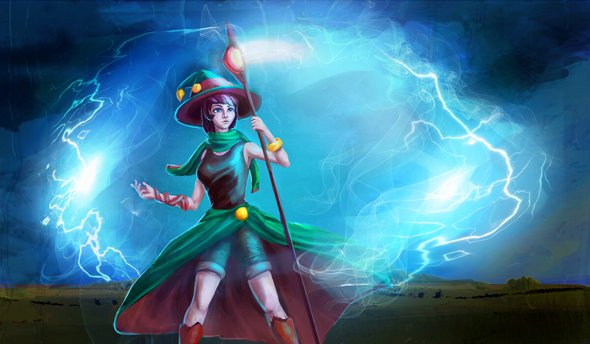ArtStation - Young witch summons storm and lightning.