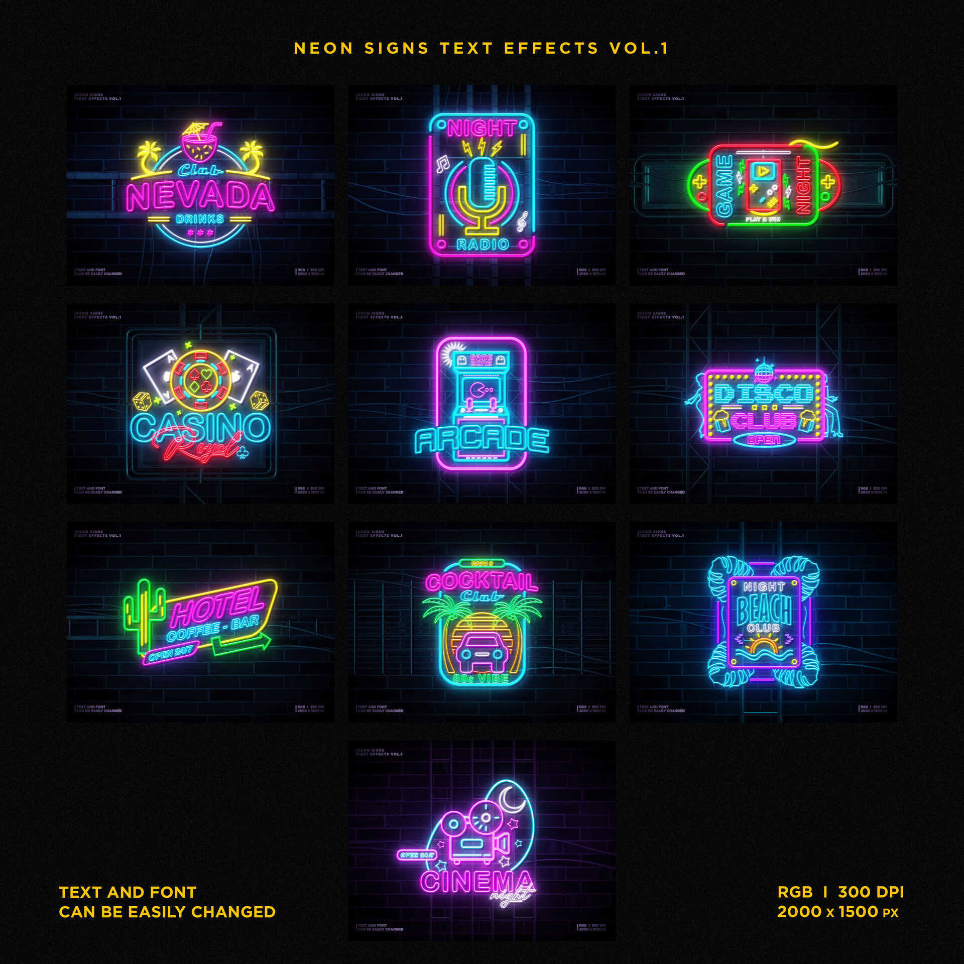 Cursedesign - NEON SIGNS TEXT FFECTS VOL.1 L 10 PSD FILES