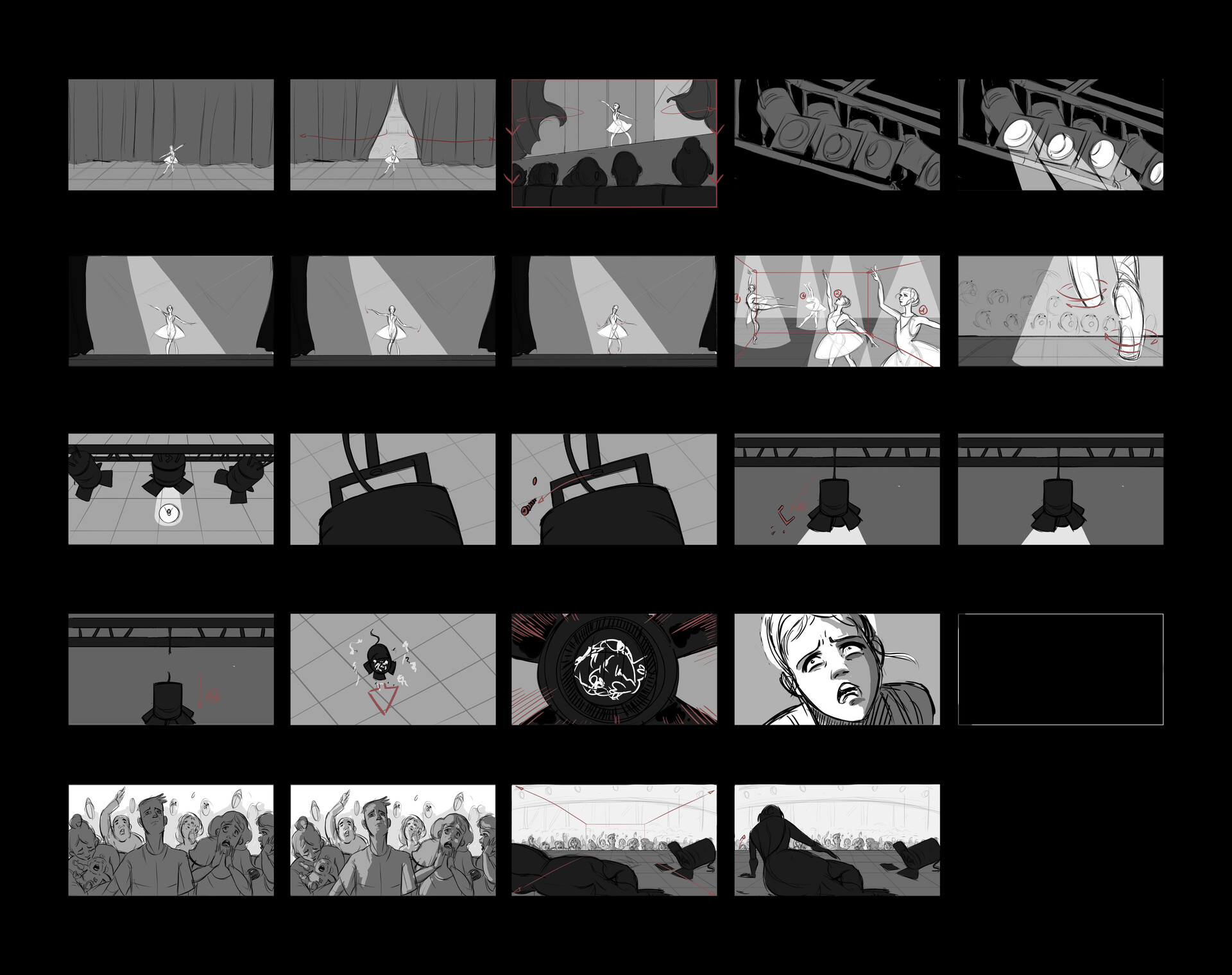 Camille Linet - Storyboard d’une scène de danse dramatique.