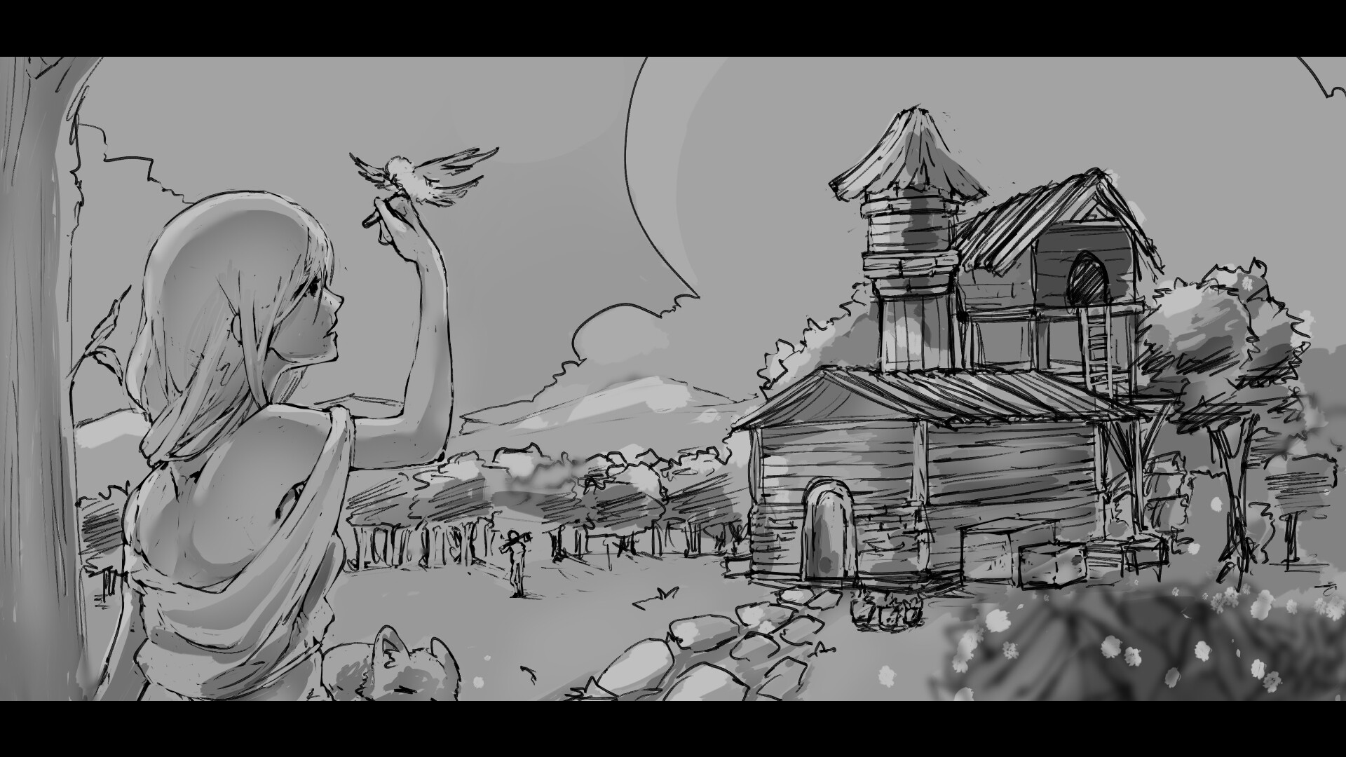 ArtStation - girl and wooden house (sketch)