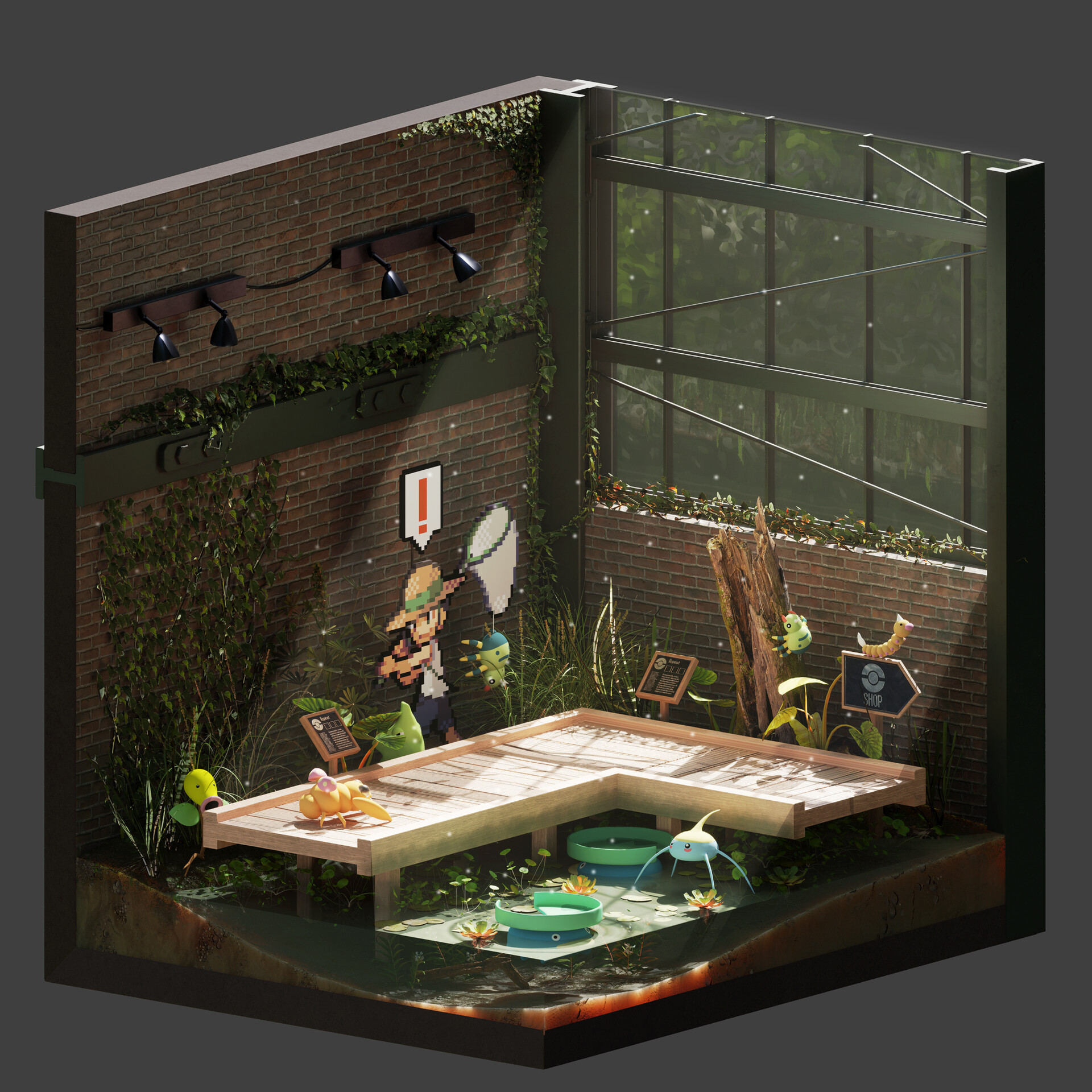 ArtStation - Isometric museum room insect and plant pokemon theme