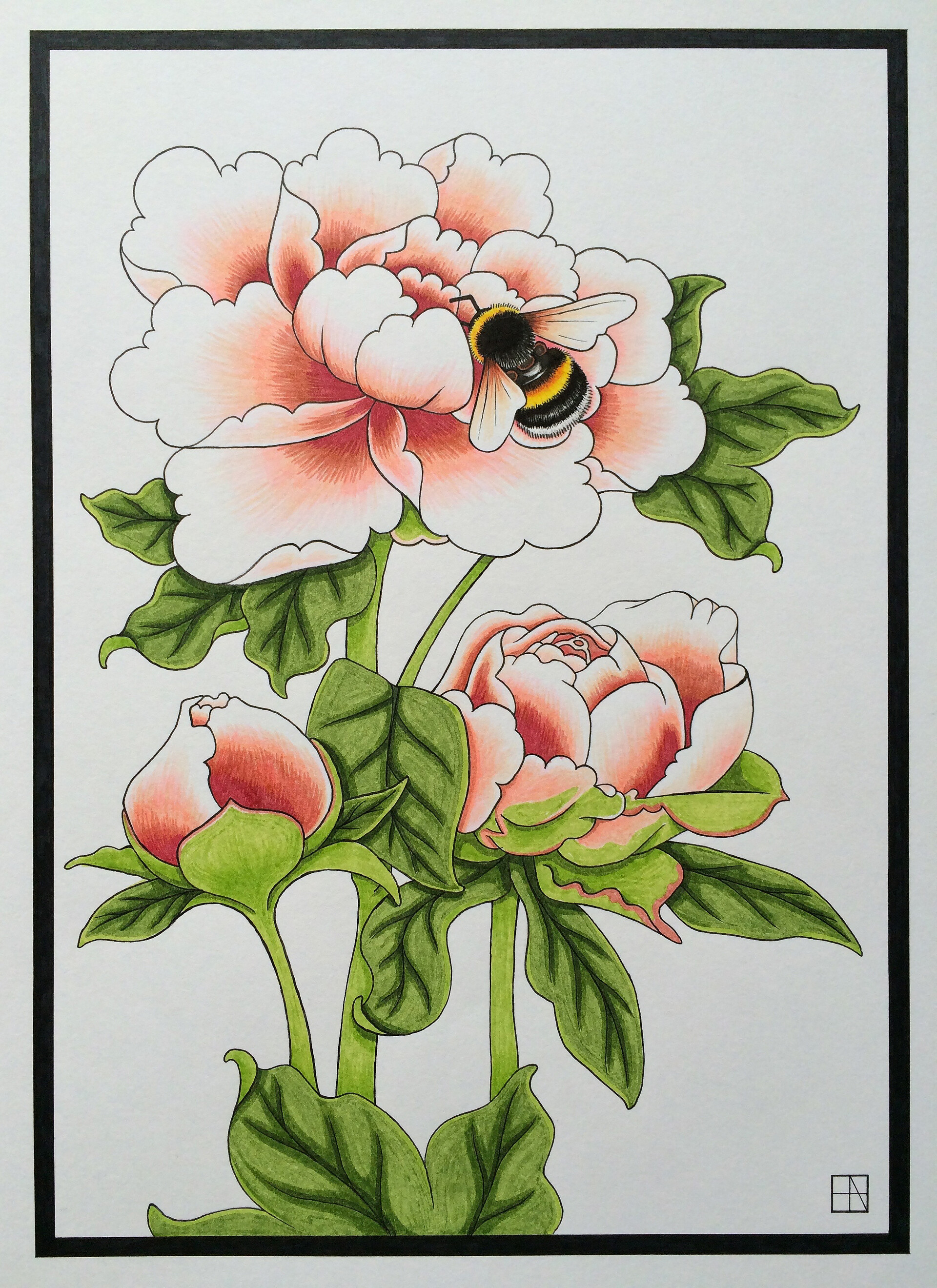 ArtStation - Peonies and bumblebee