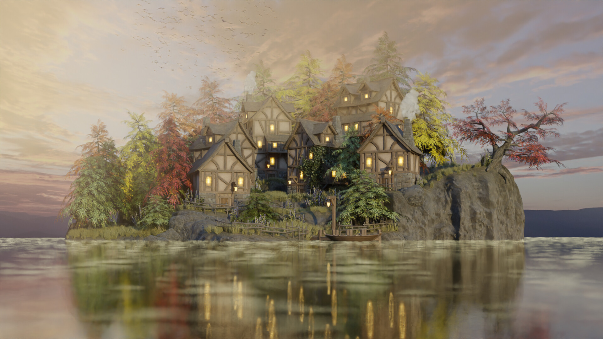 ArtStation - A Little Hidden Autumn Village Across the Lake