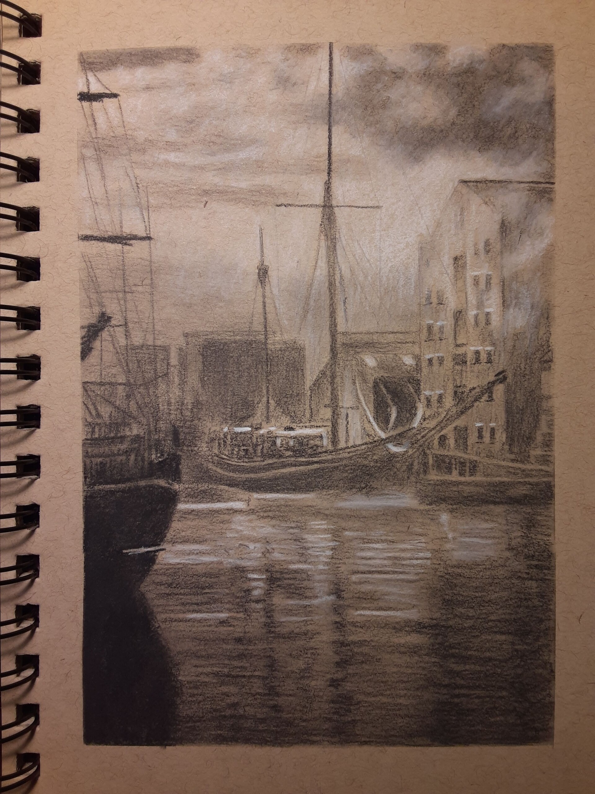 ArtStation - Charcoal sketch of a harbour scene