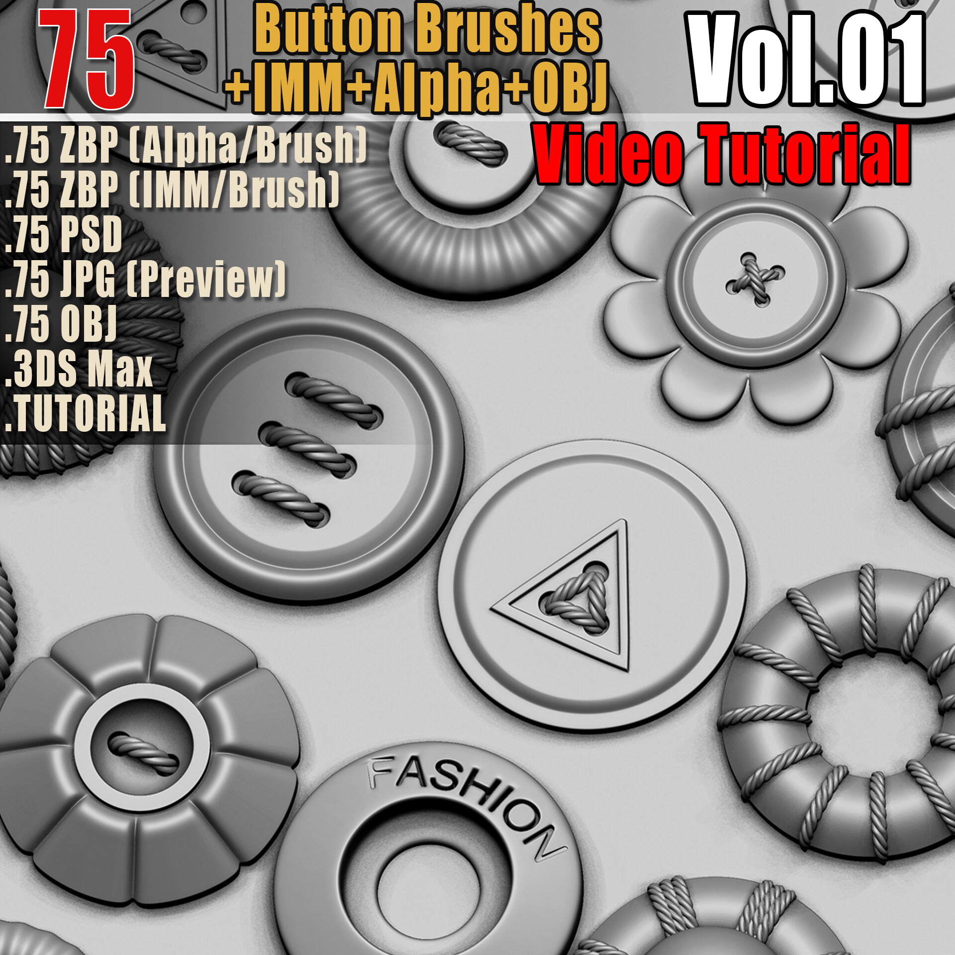ArtStation - 75 Button Brushes + IMM + Alpha + OBJ +UV + Video Tutorial ...