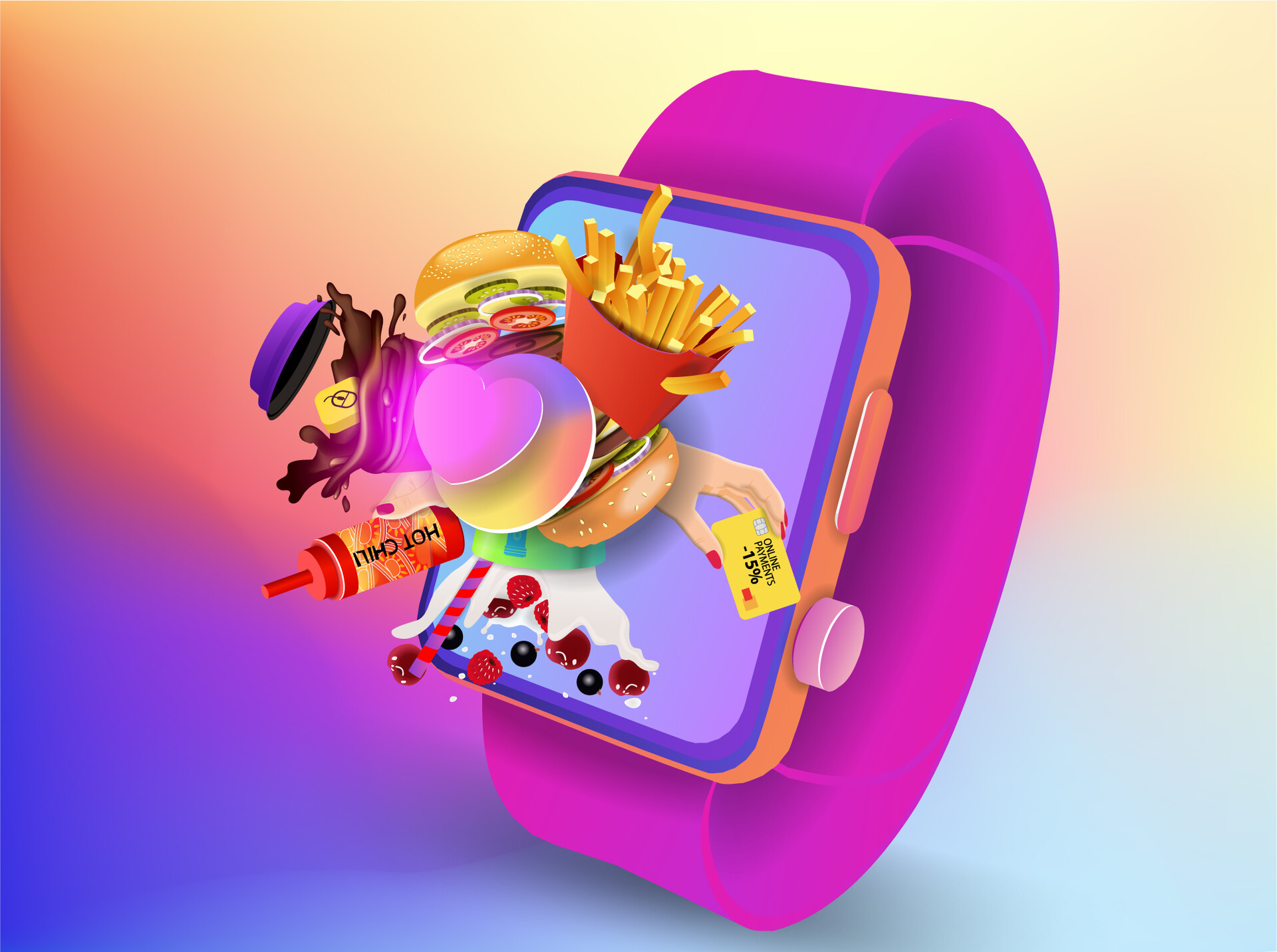 ArtStation - Volumetric fast food interface on the smart watch screen