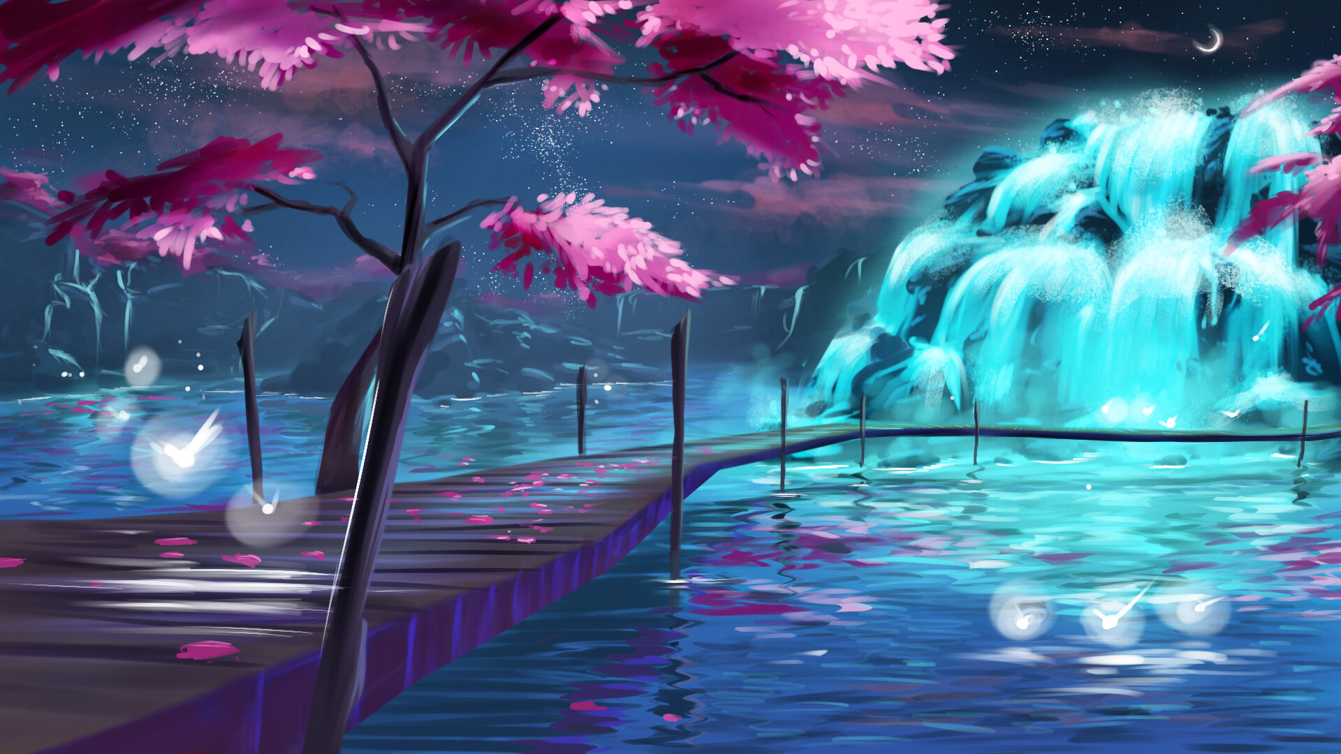 ArtStation - Moonlight waterfalls concept