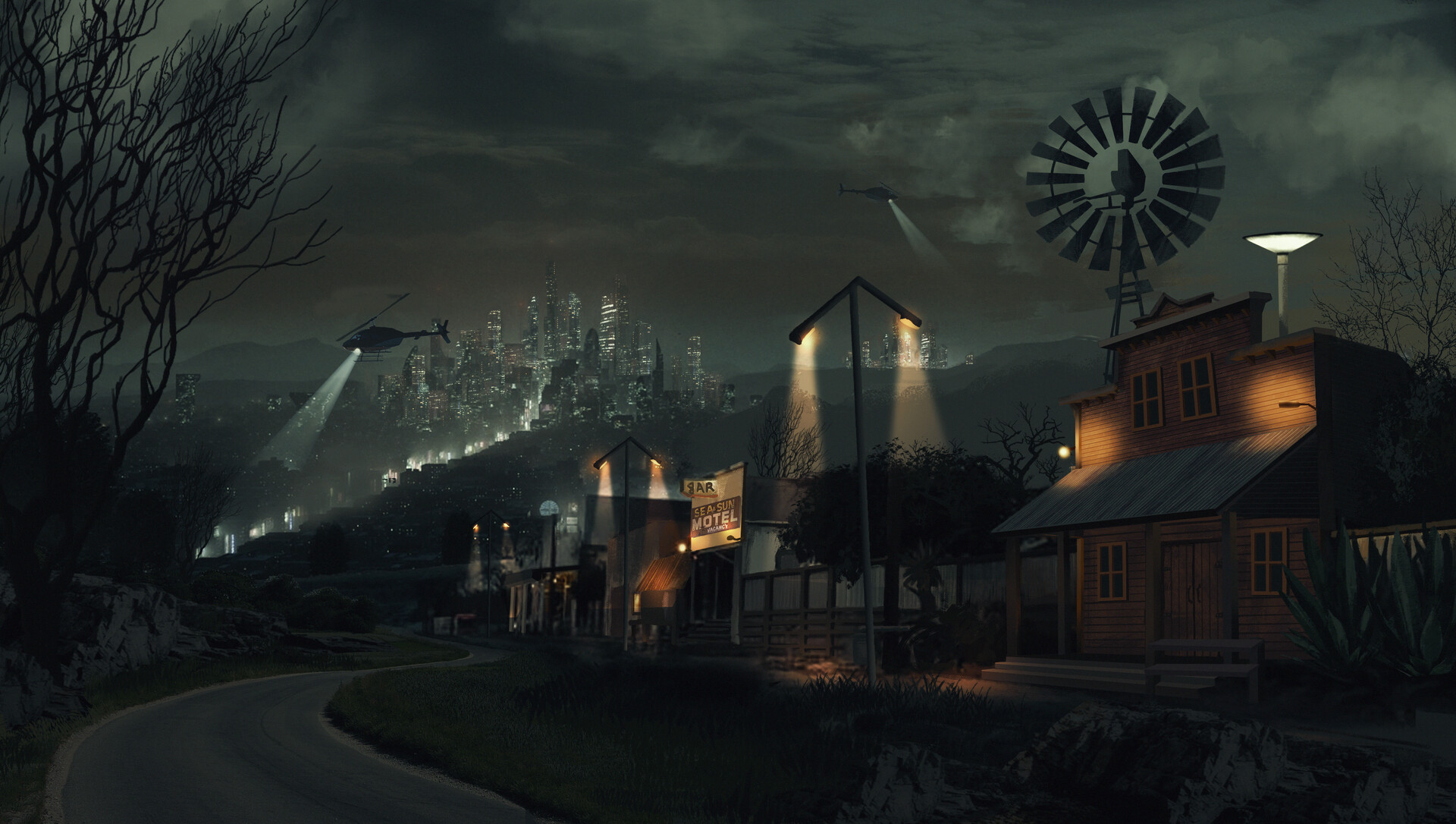 ArtStation - Dystopian Suburban town - with some lighting study
